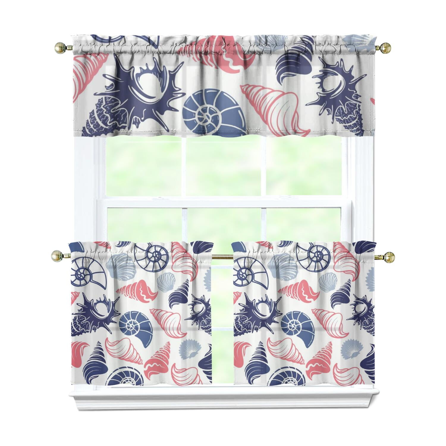 Nautical Seashell Tier Curtains Set of 3 - Tropical Beach Kitchen ...