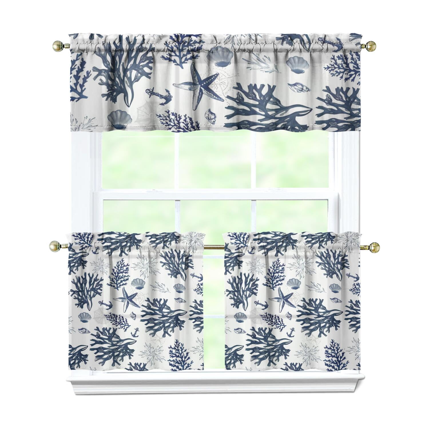 Nautical Seashell Tier Curtains Set of 3 - Tropical Beach Kitchen ...