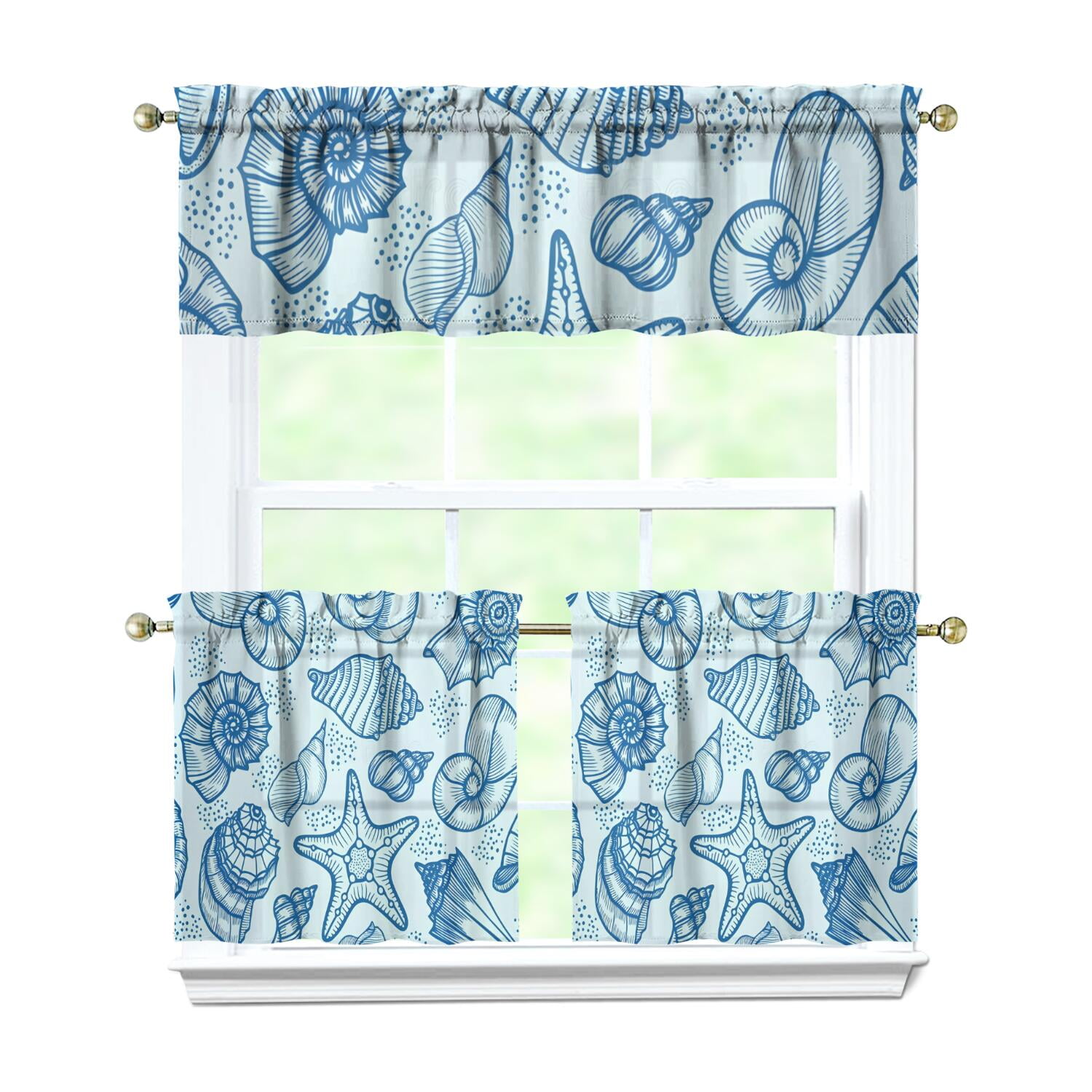 Nautical Seashell Tier Curtains Set of 3 - Tropical Beach Kitchen ...