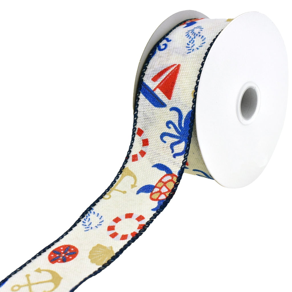 Nautical Seaside Icons Faux Linen Wired Ribbon, 1-1/2-Inch, 10-Yard ...