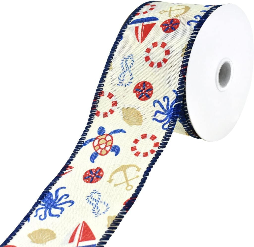 Nautical Seaside Icons Faux Linen Wired Ribbon, 2-1/2-Inch, 10-Yard ...