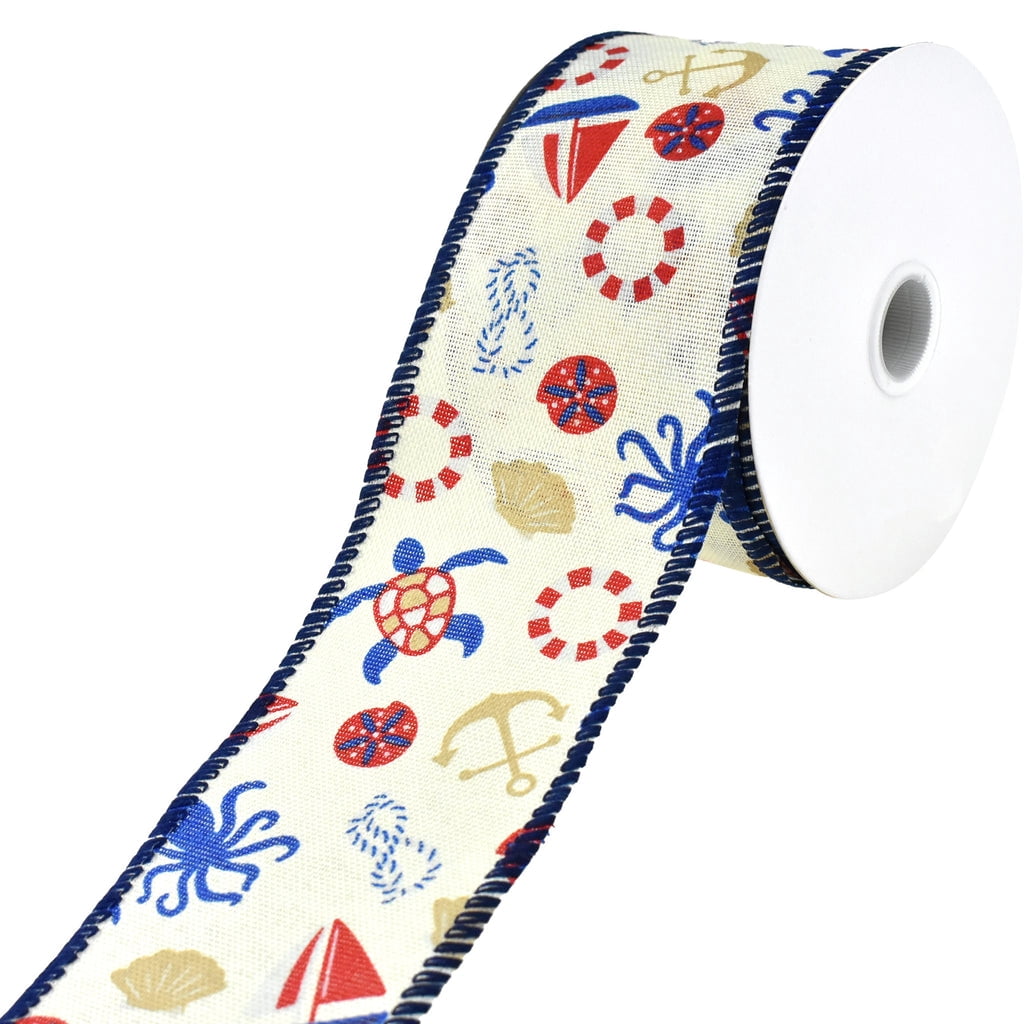 Nautical Seaside Icons Faux Linen Wired Ribbon, 2-1/2-Inch, 10-Yard ...