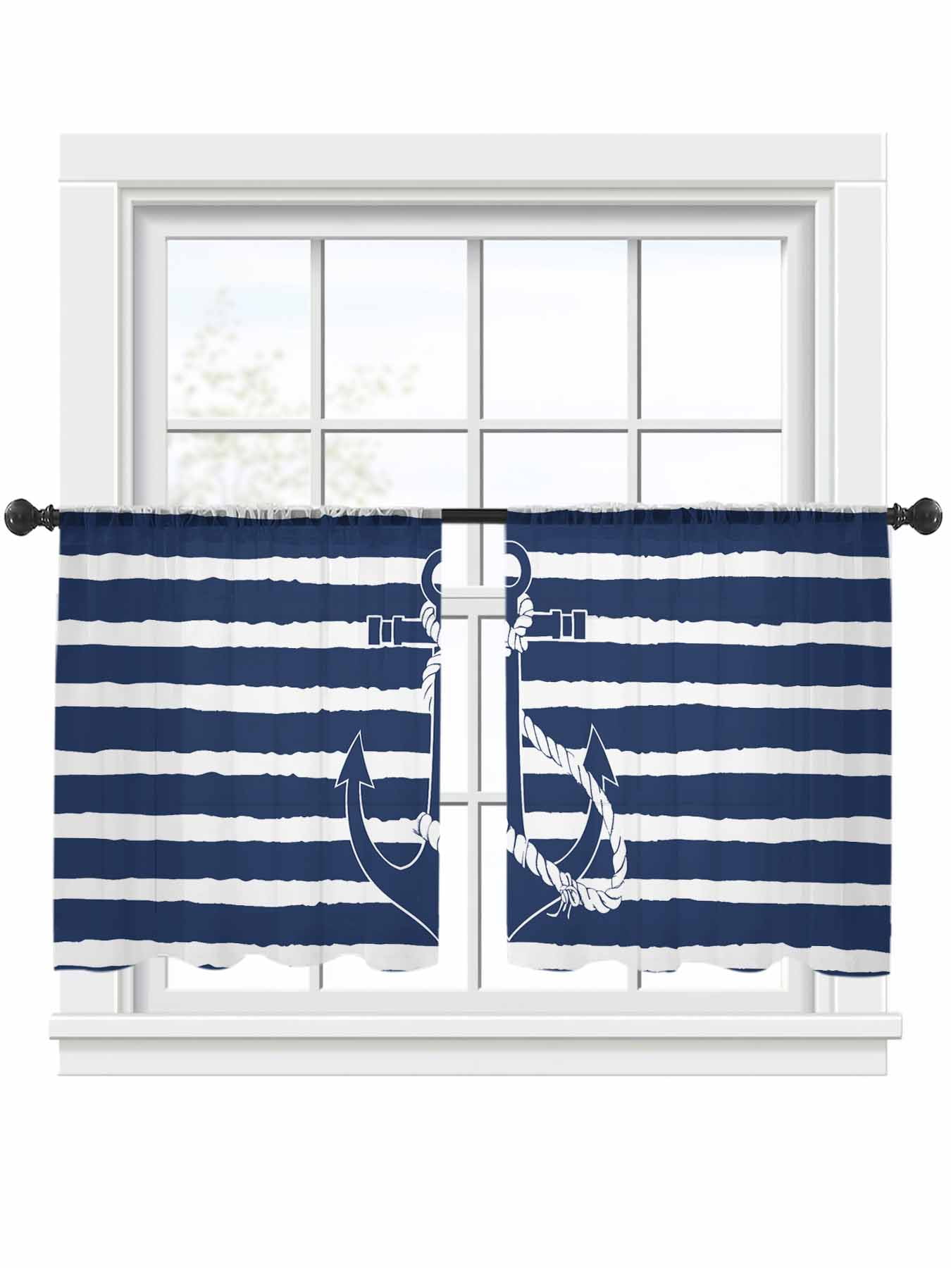 Nautical Sheer Curtains 54 Inch Long 2 Panels, Navy Blue and White ...