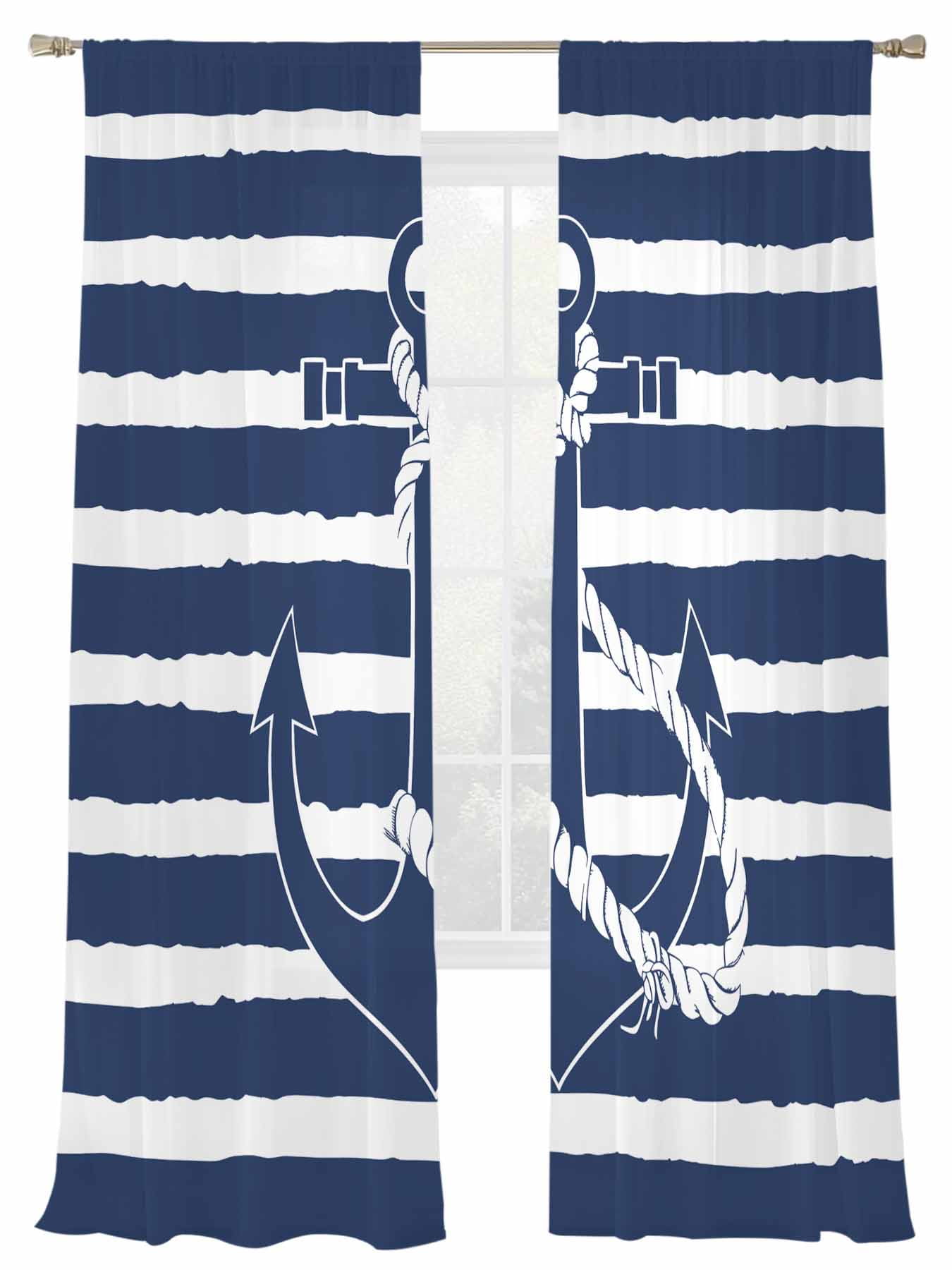 Nautical Sheer Curtains 84 Inch Long 2 Panels, Navy Blue and White ...