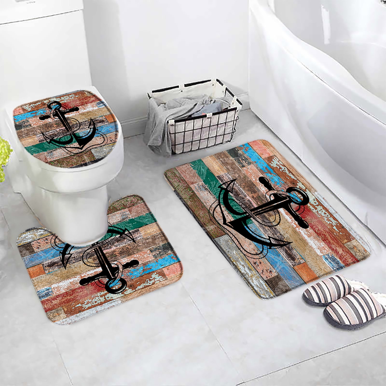 Nautical Ship Anchor Bath Mat Set Vintage Blue Wood Plank StarSeahorse ...