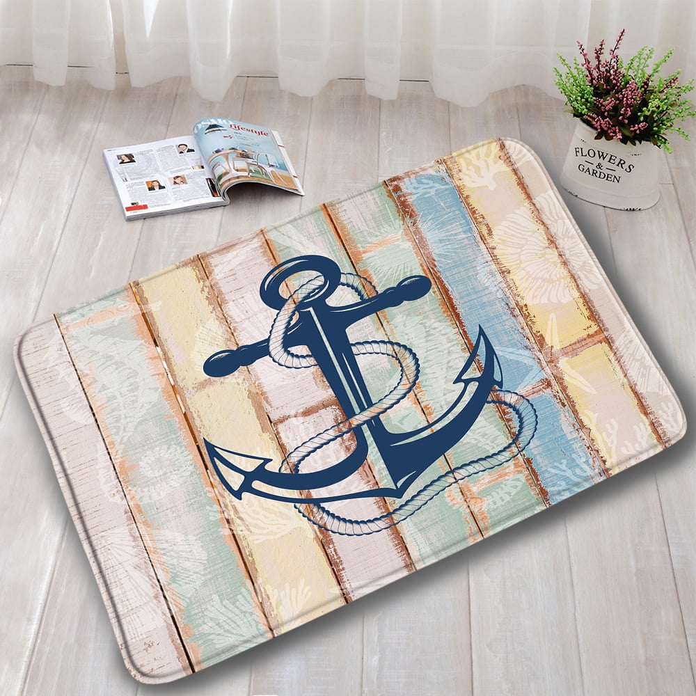 Nautical Ship Anchor Bath Mat Set Vintage Blue Wood Plank StarSeahorse ...