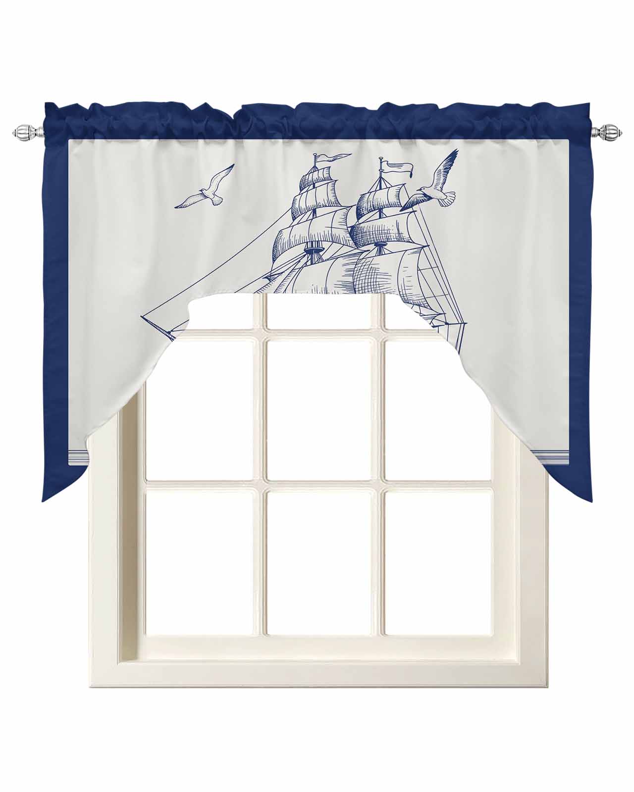 Nautical Ship Kitchen Swag Valances for Windows, Blue Coastal Ocean ...