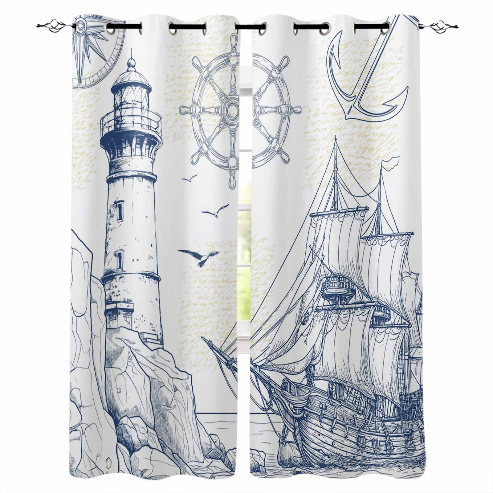 Nautical Ship Lighthouse Blackout Curtains 84 Inches Long, Ocean Anchor ...