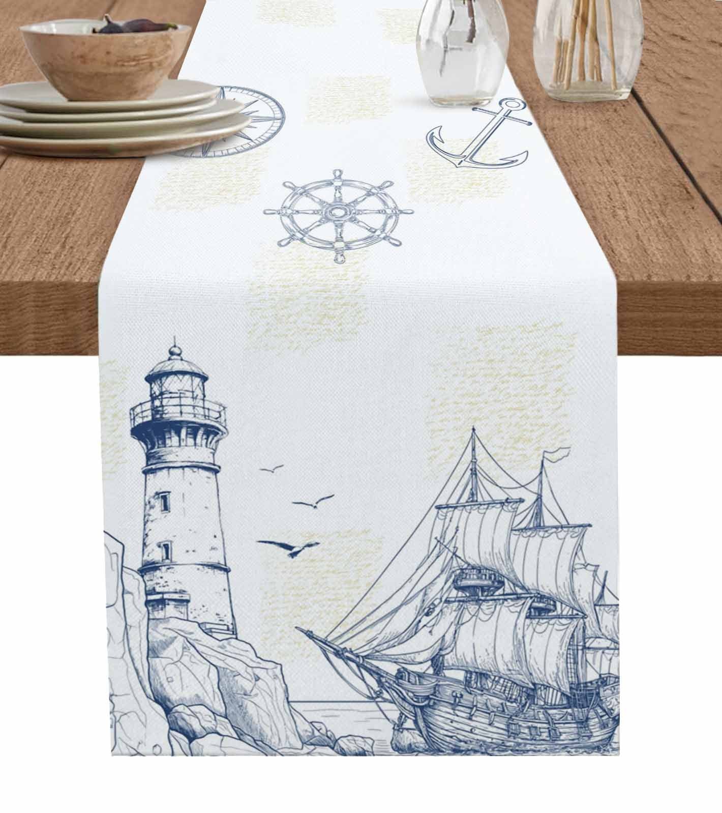 Nautical Ship Lighthouse Burlap Cotton Table Runner 13x120 Inches Long ...