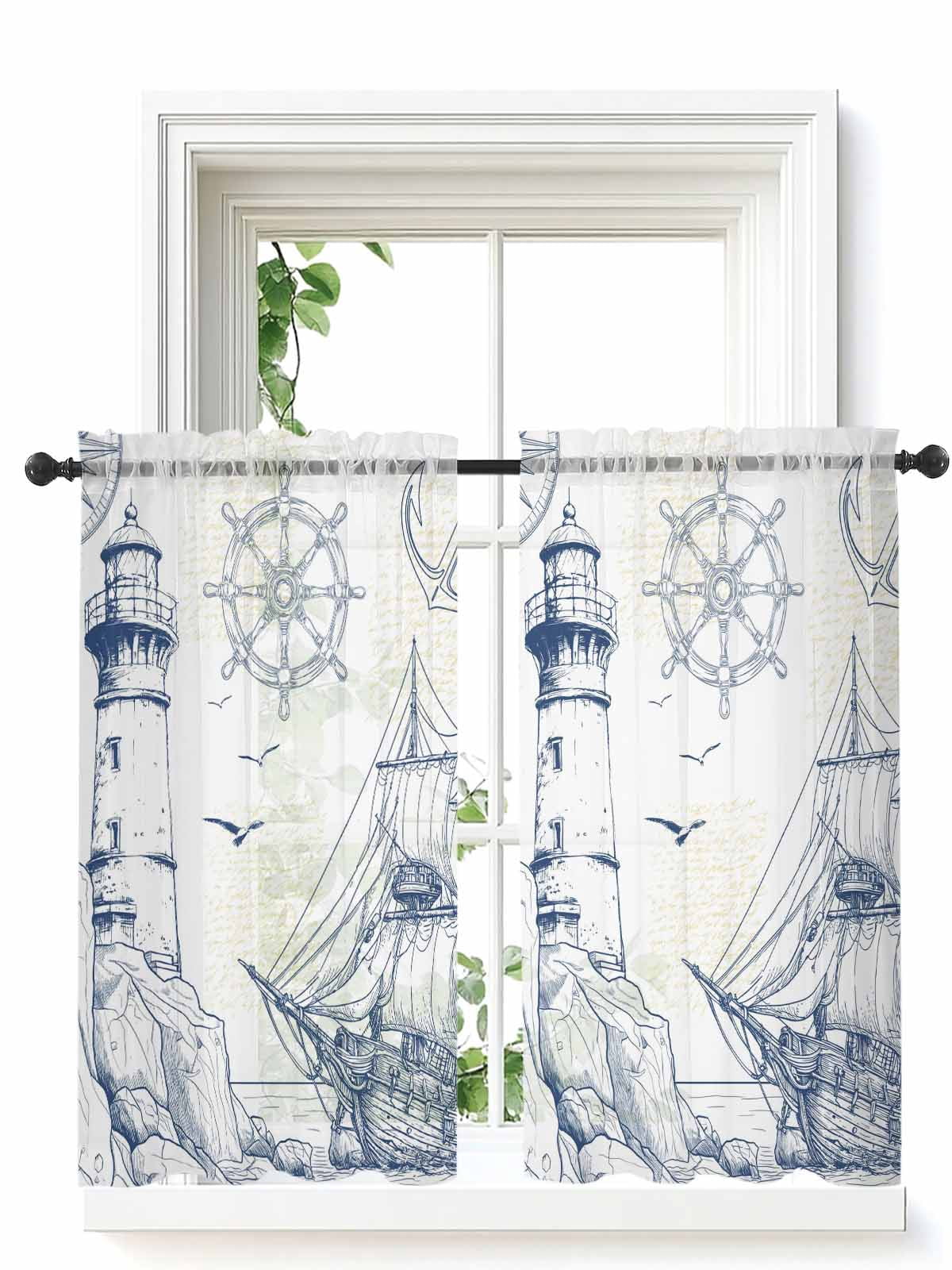 Nautical Ship Lighthouse Curtains 45 Inch Length,Sheer Curtains for ...