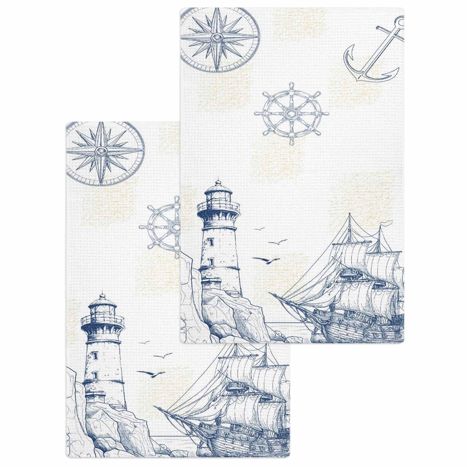 Nautical Ship Lighthouse Kitchen Dish Towels for Drying Dishes Set of 2 ...
