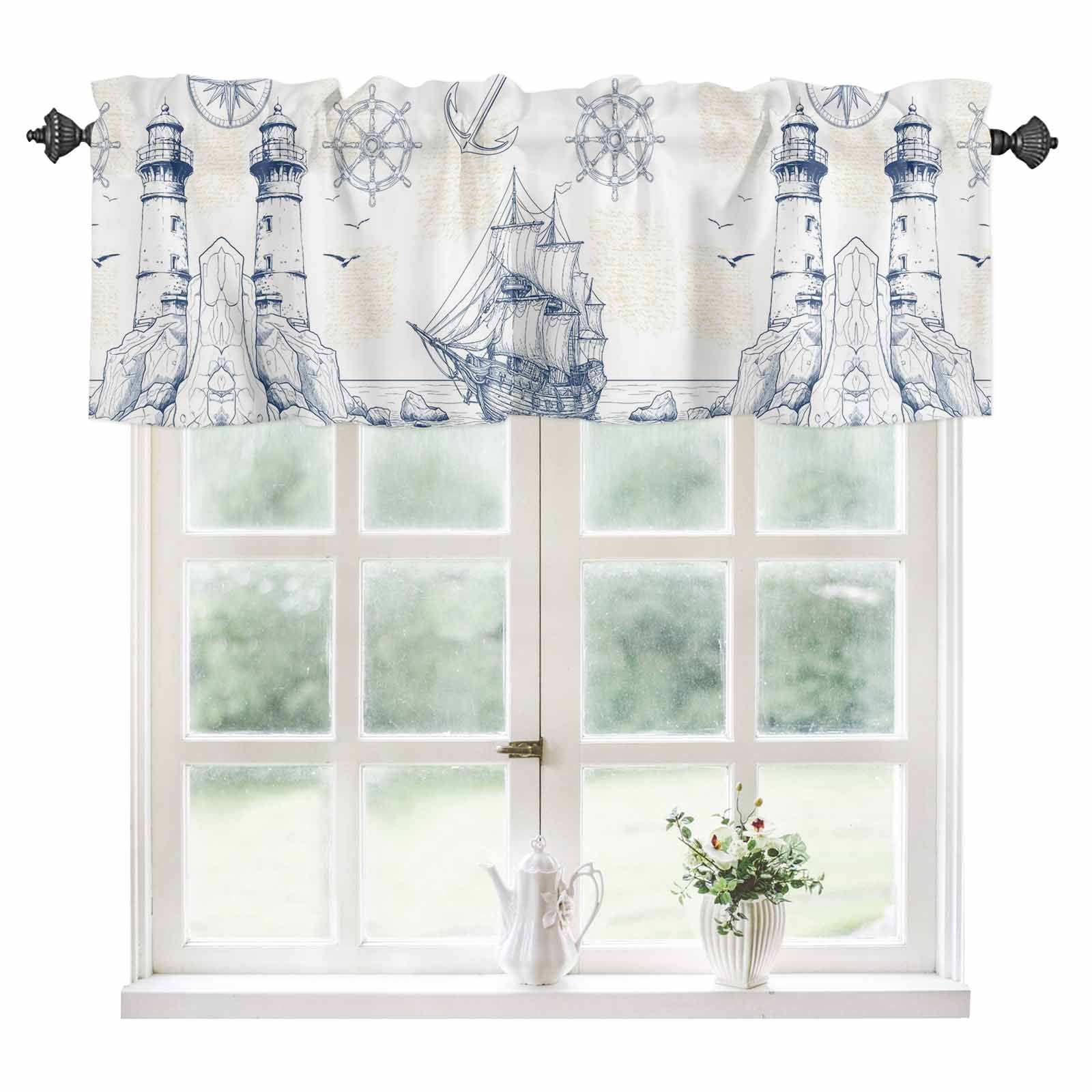 Nautical Ship Lighthouse Kitchen Valances for Windows 54x18 Inch ...