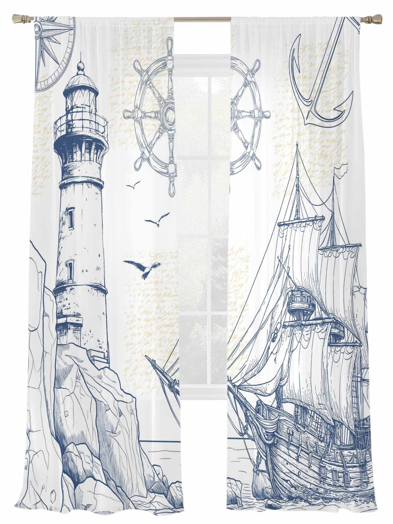 Nautical Ship Lighthouse Sheer Curtains 108 Inch Length 2 Panels Set ...
