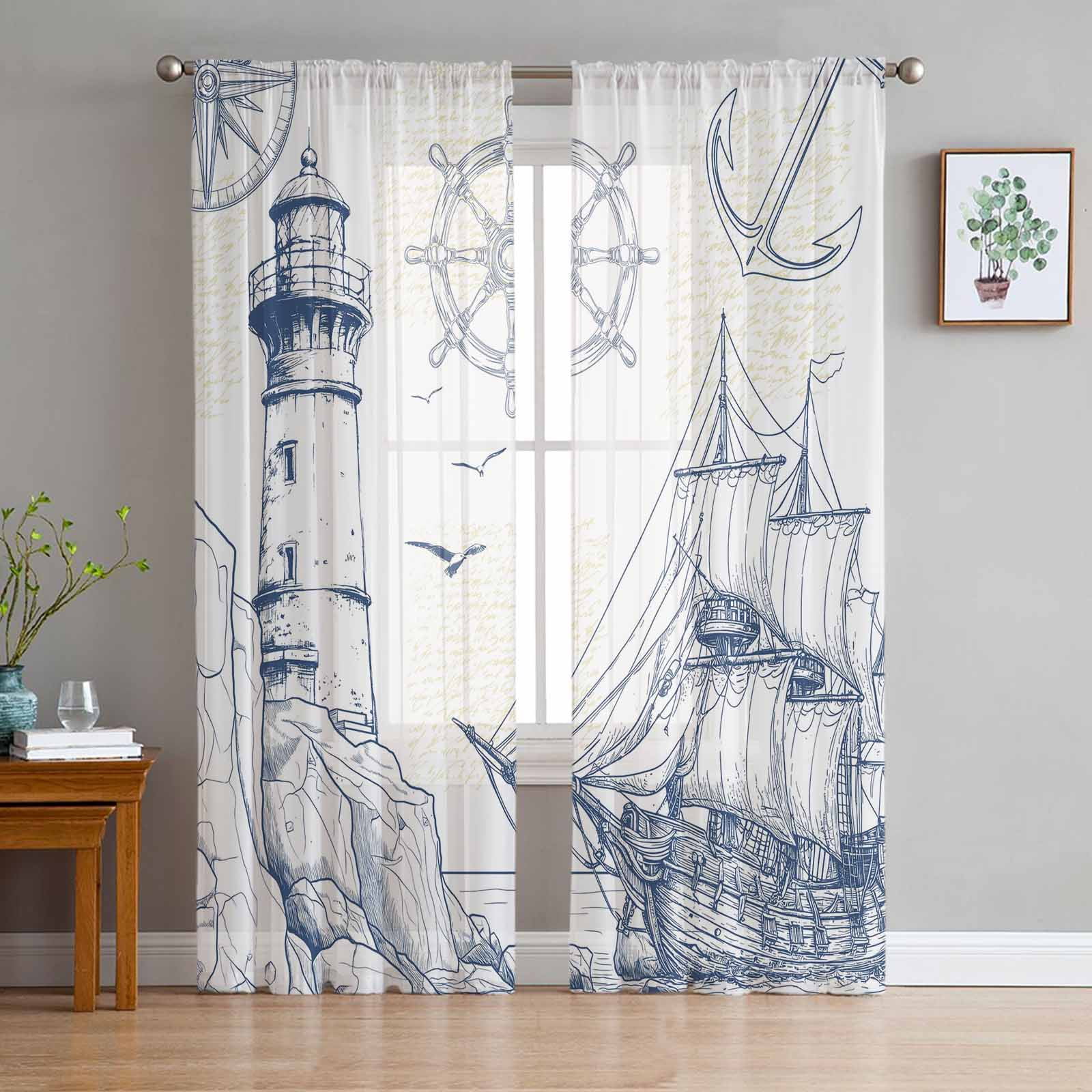 Nautical Ship Lighthouse Sheer Curtains 72 Inch Length 2 Panels Set for ...
