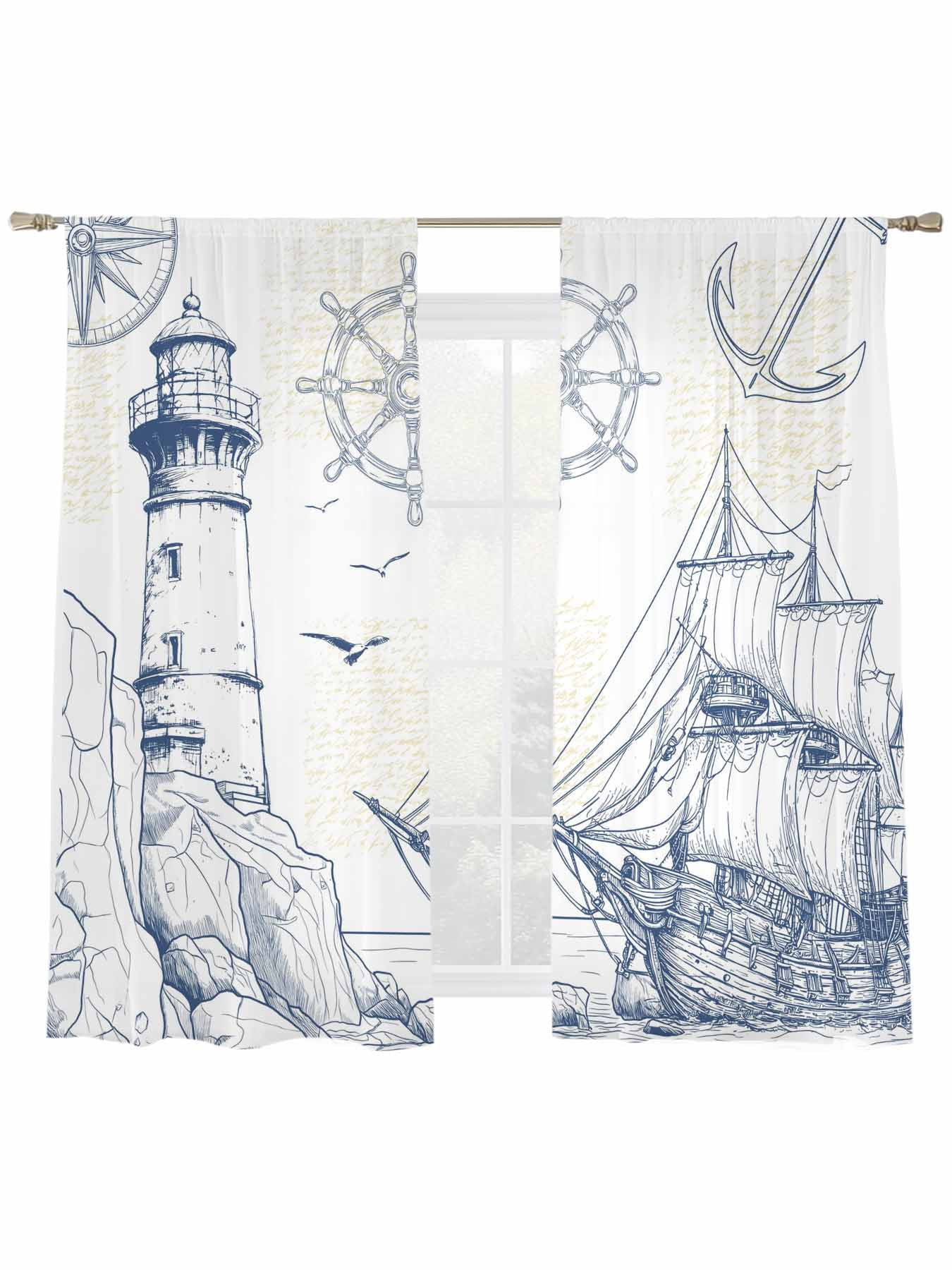Nautical Ship Lighthouse Sheer Curtains 72 Inch Length 2 Panels Set ...
