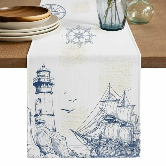 Nautical Ship Lighthouse Table Runner, Ocean Anchor Rudder Lines Art ...