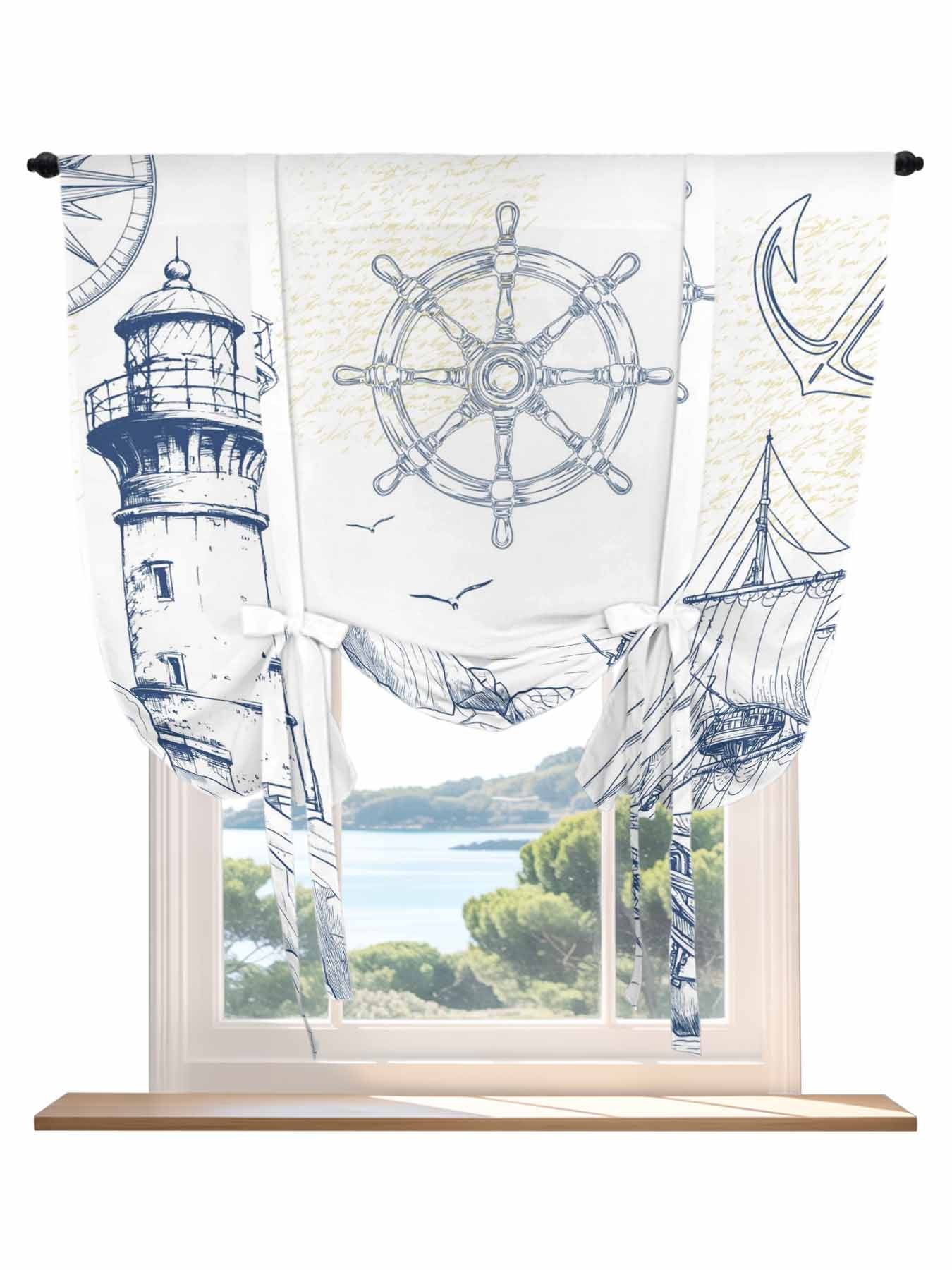 Nautical Ship Lighthouse Tie Up Curtains for Windows 45 Inch Length ...