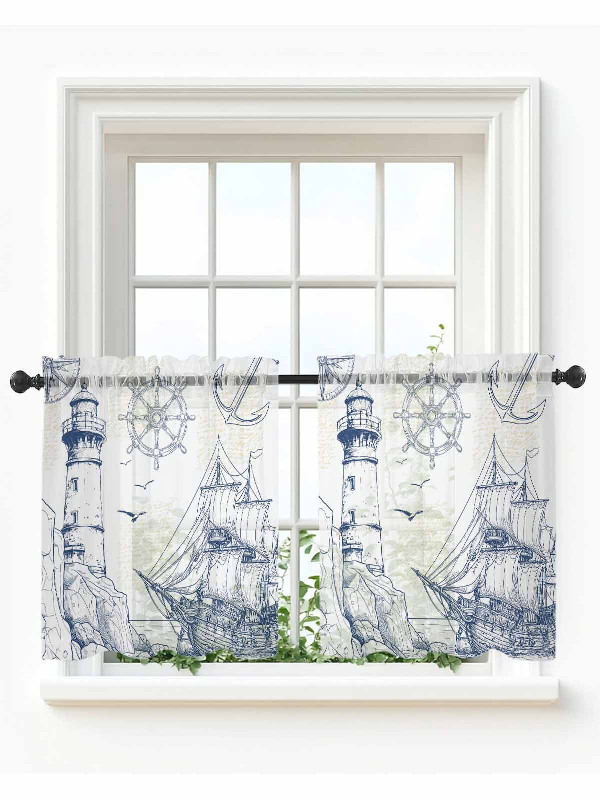 Nautical Ship Lighthouse Tier Curtains 36 Inch Length,Sheer Curtains ...