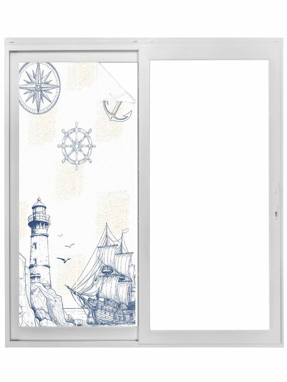 Nautical Ship Lighthouse Window Privacy Film, Ocean Anchor Rudder Lines ...