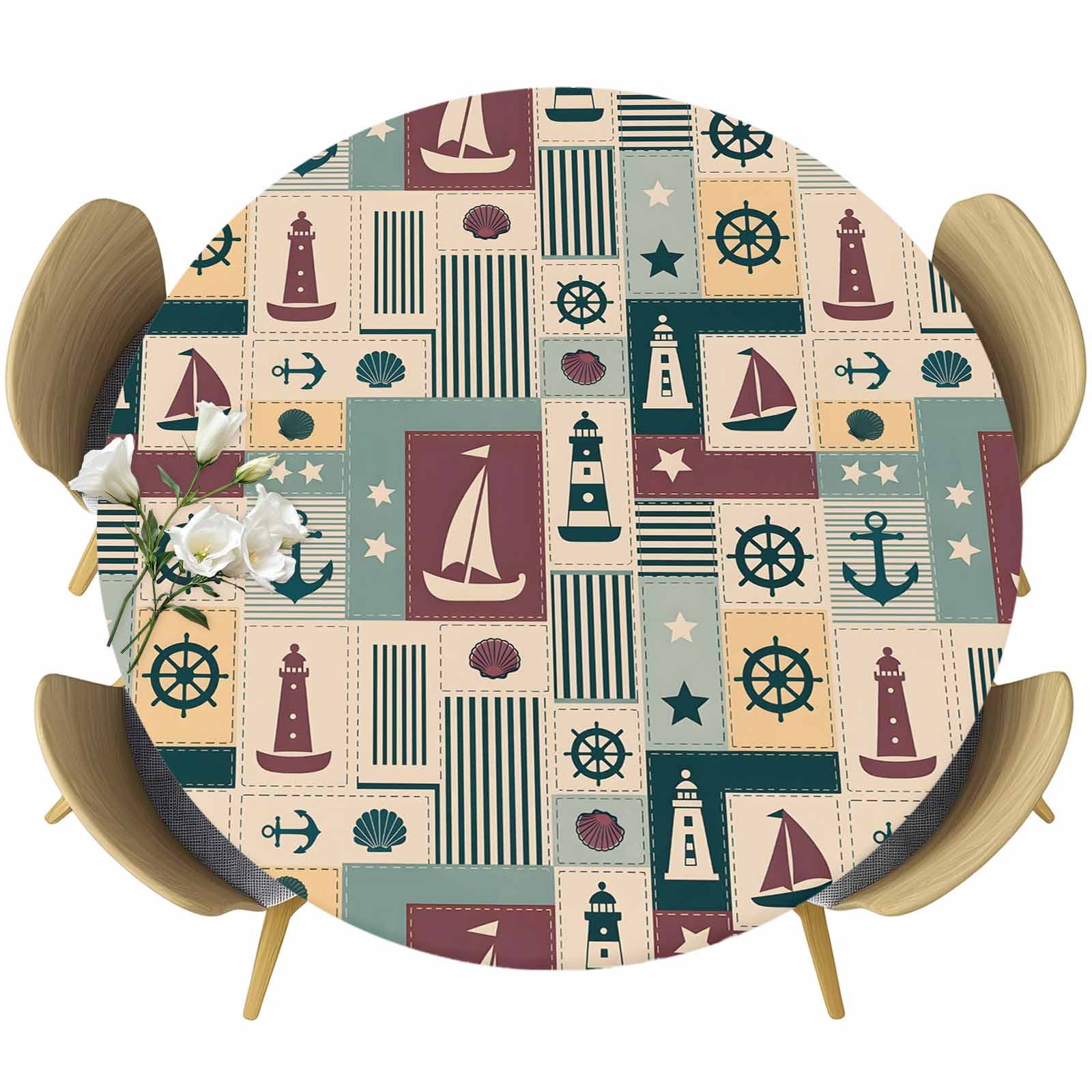 Nautical Ship Round Tablecloth 36-44 Inch Round Fitted Table Cloth with ...