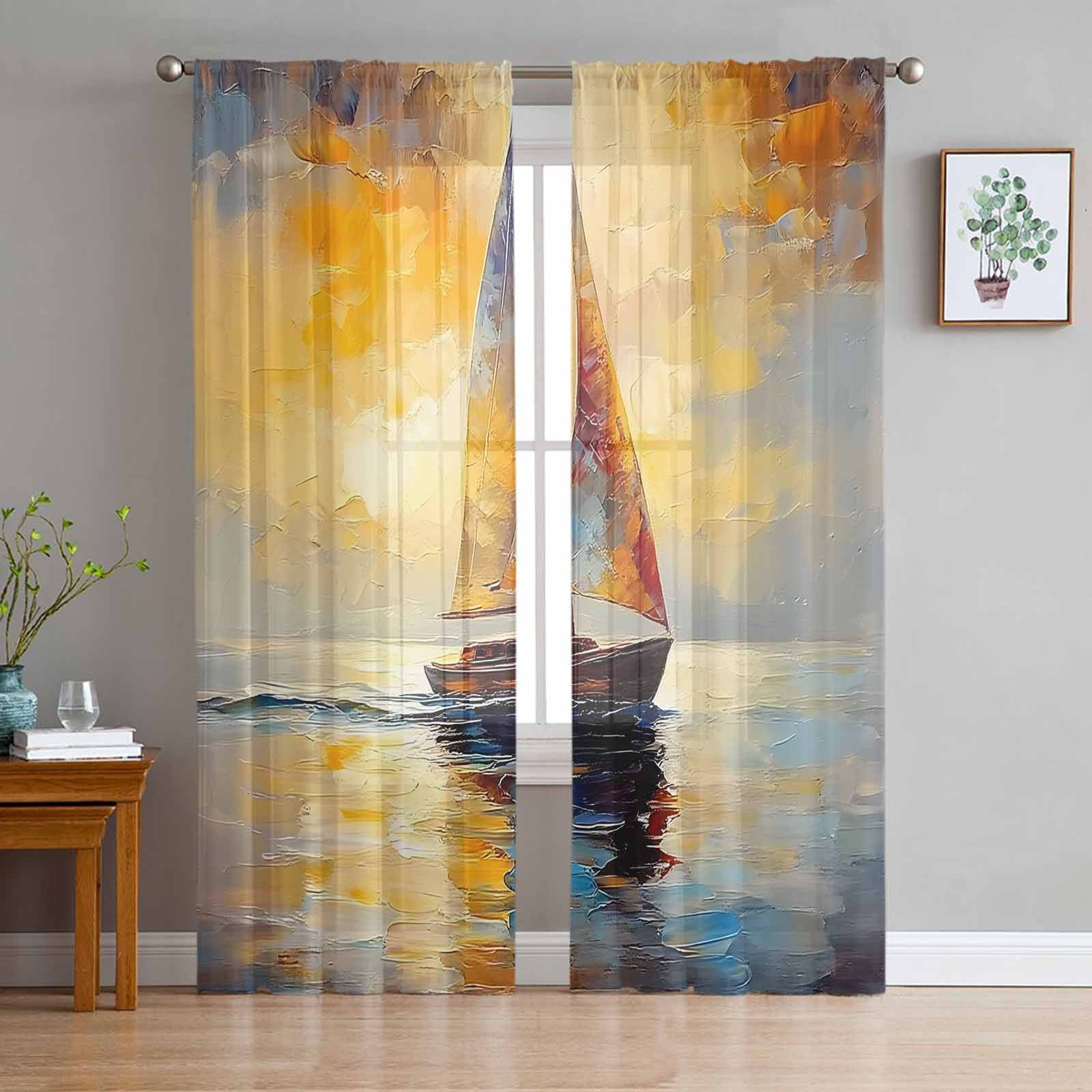 Nautical Ship Sheer Curtains 84 Inch Length 2 Panels Set for Living ...