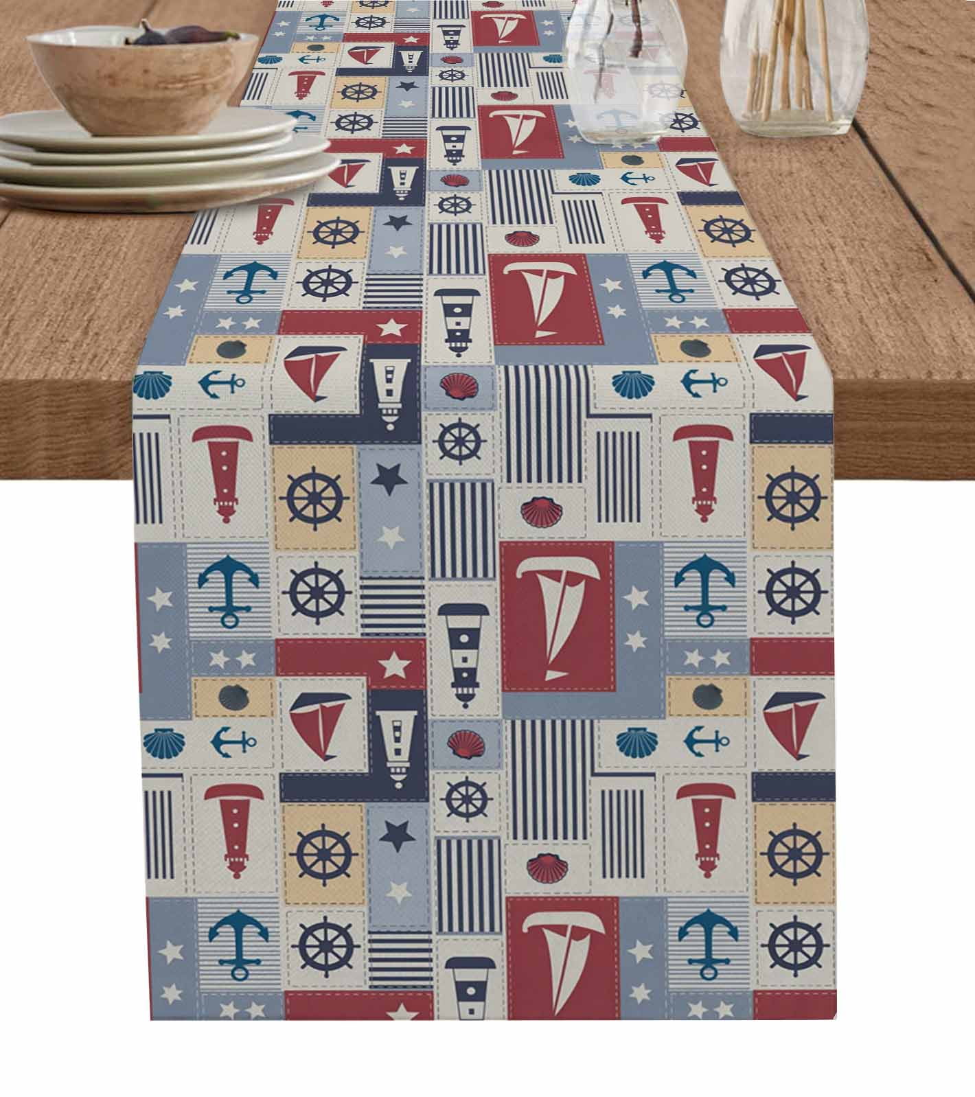 Nautical Ship Table Runner 60 Inches, Ocean Sailboat Lighthouse Anchor ...