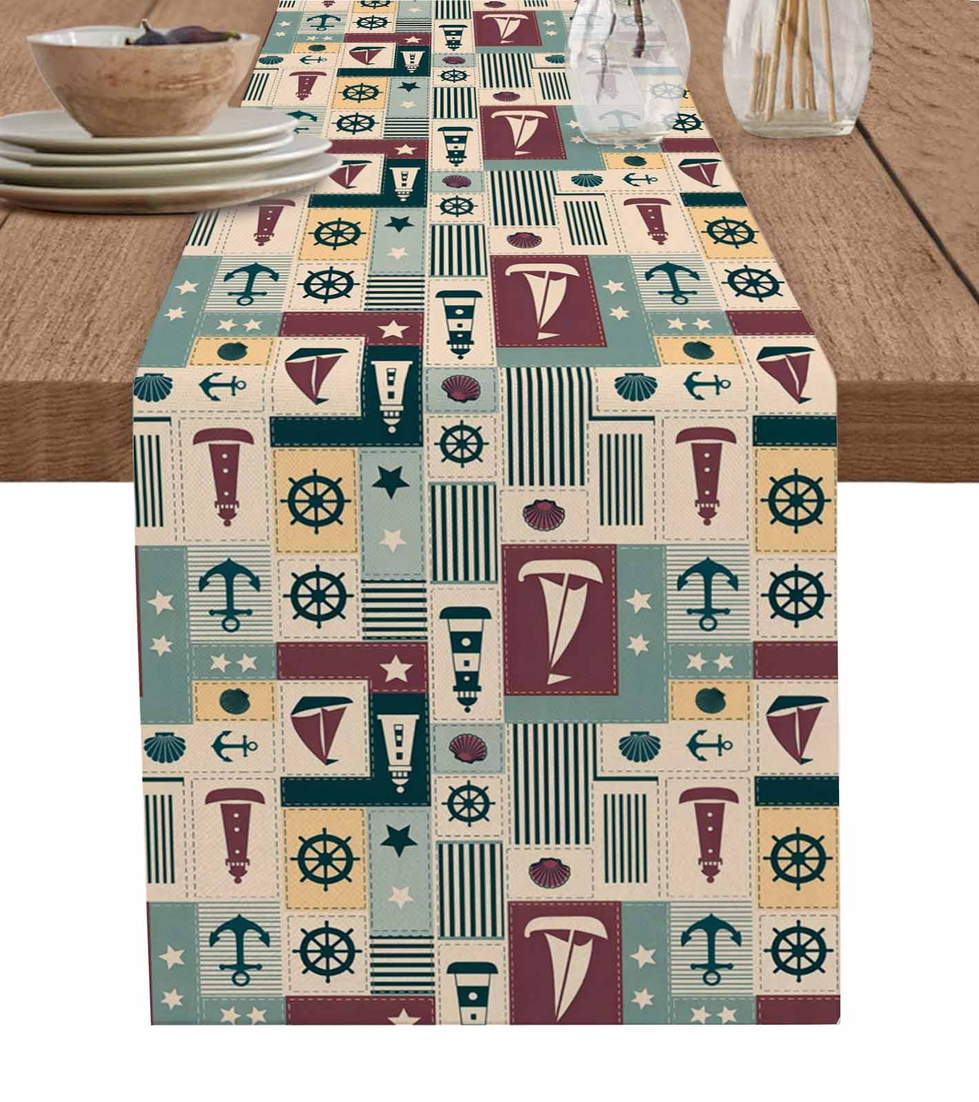 Nautical Ship Table Runner 70 Inches, Ocean Coastal Sailboat Lighthouse ...