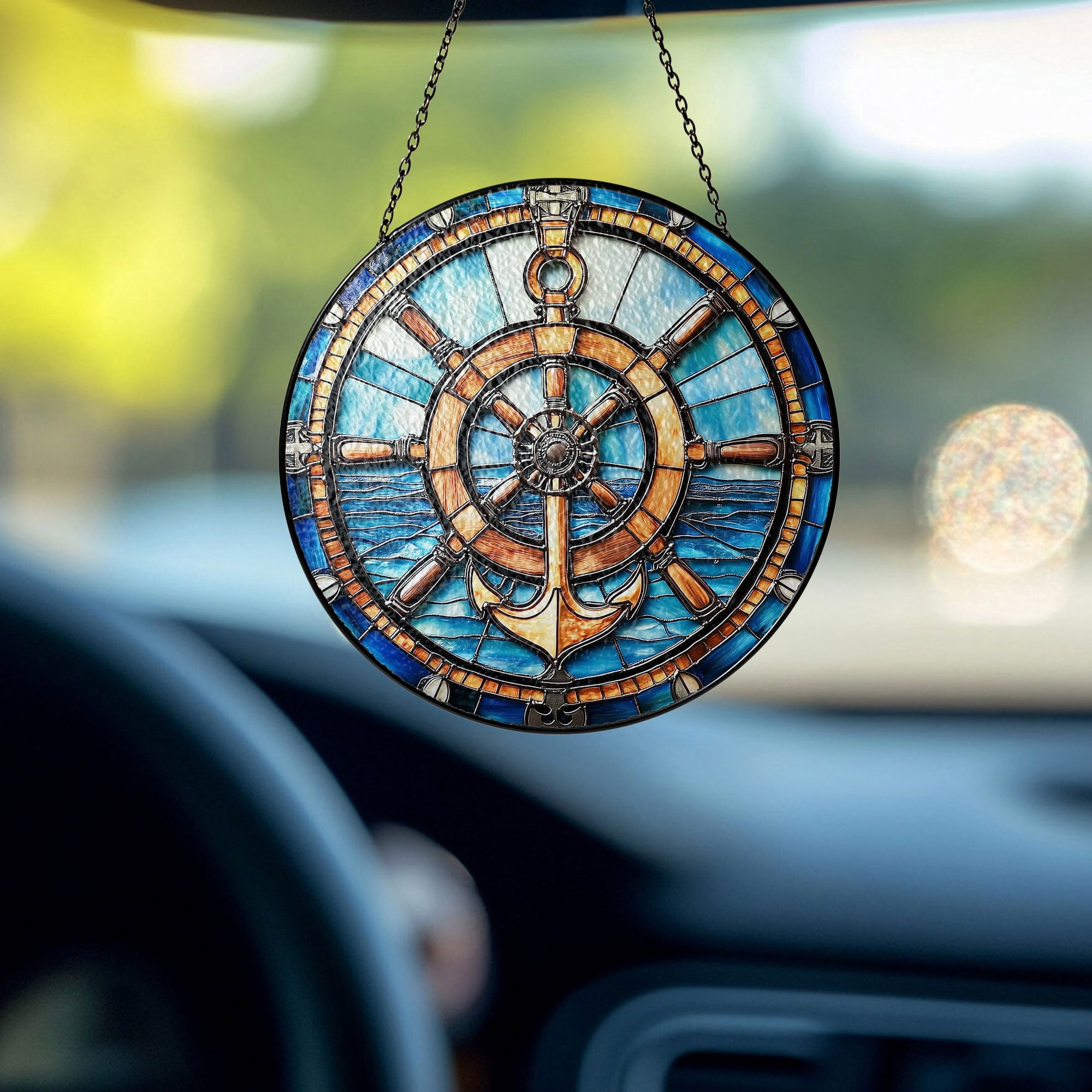 Nautical Ship Wheel 2D Flat Stained Glass Window Hanging - Maritime ...