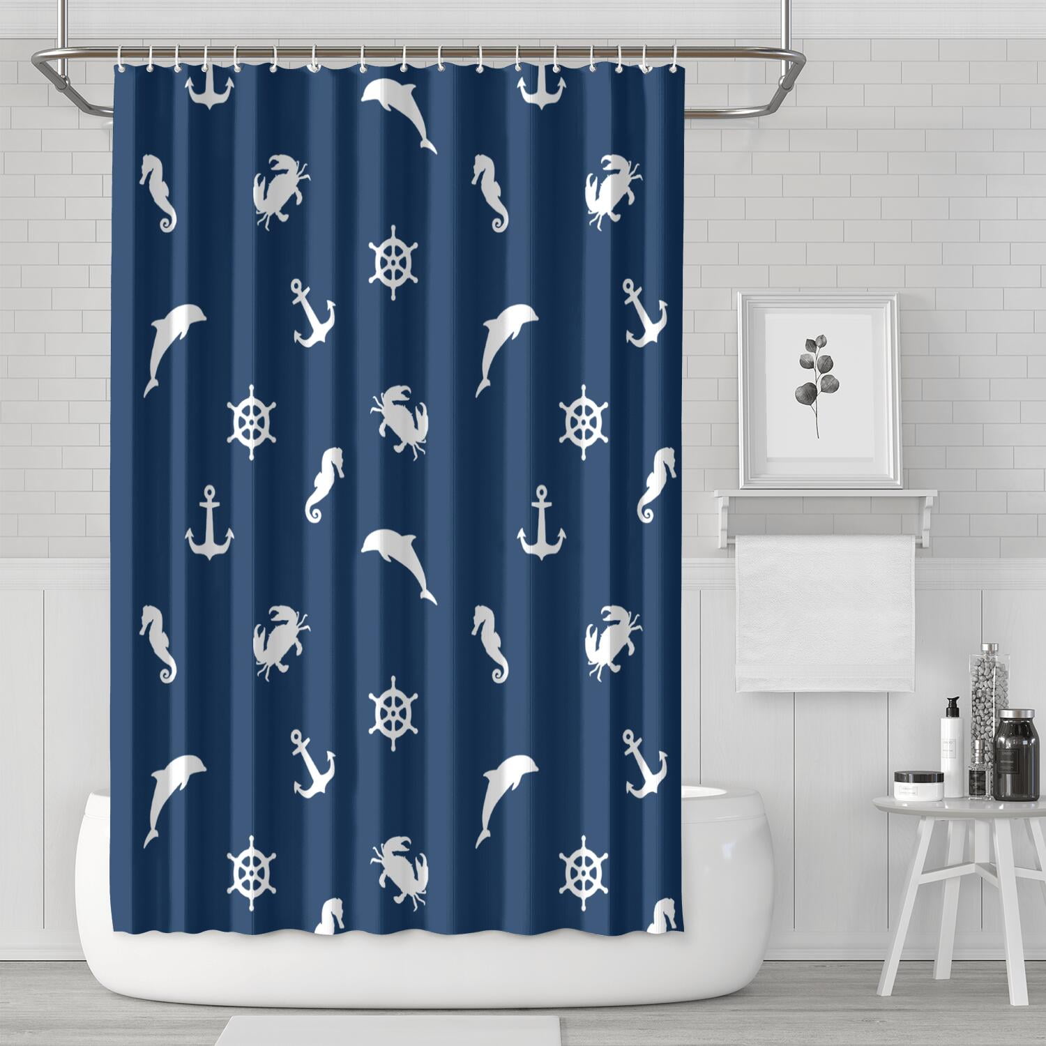 Nautical Shower Curtain with Anchor, Boat, Lighthouse, and Compass ...