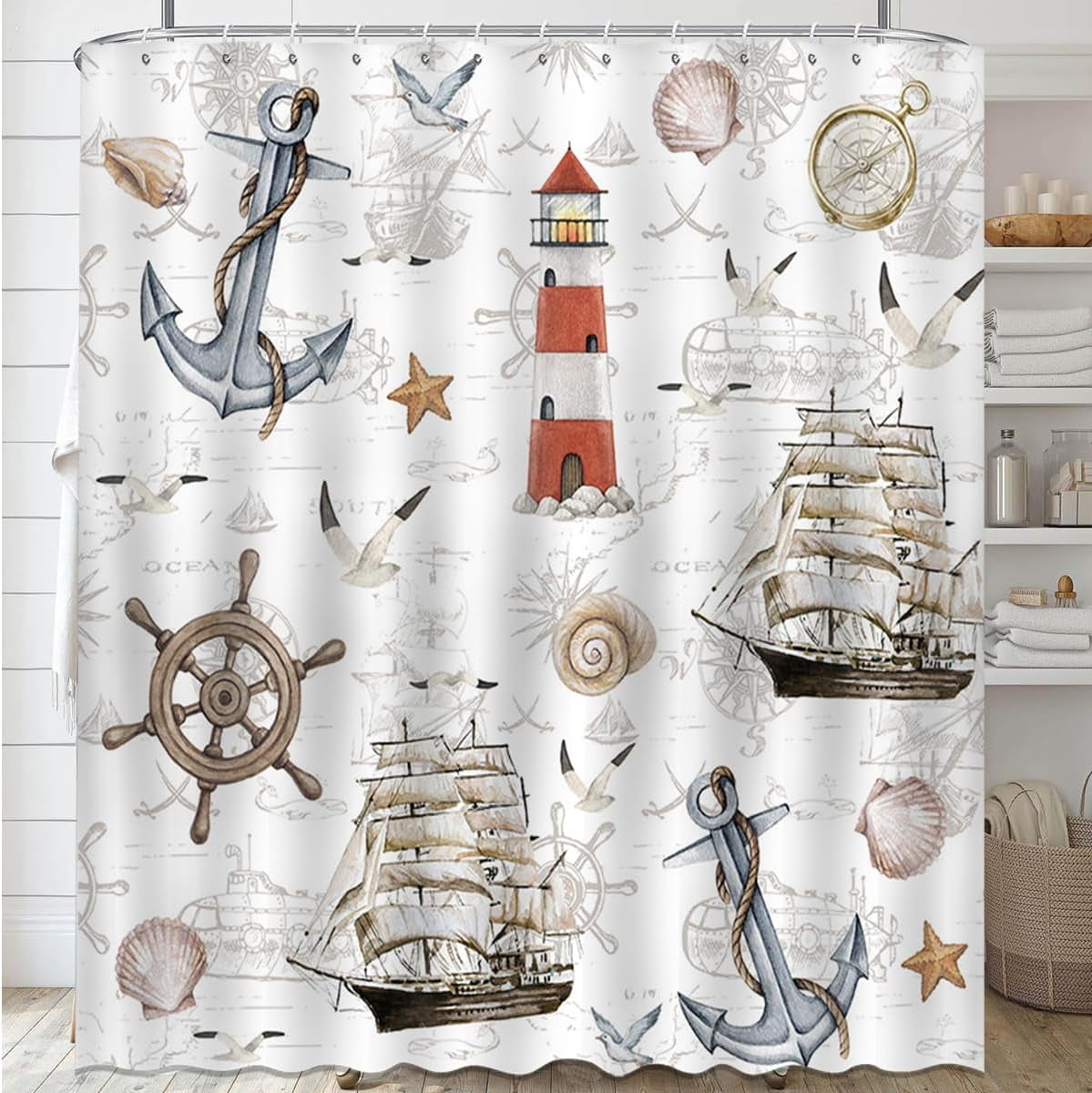 Nautical Shower Curtain Lighthouse Shower Curtain Set Sailboat Anchor ...