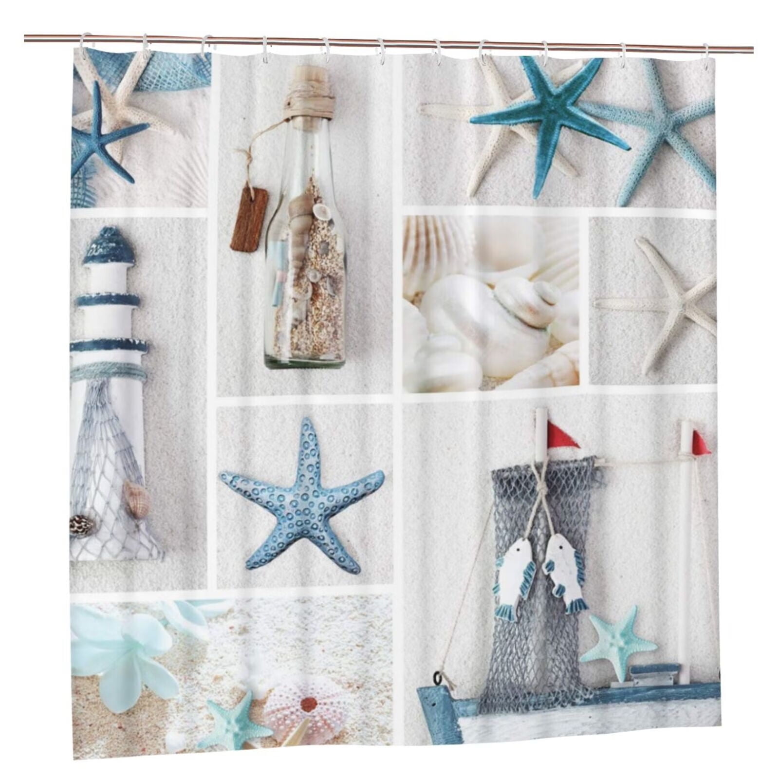 Nautical Shower Curtain, Marine Sail Boat Beach Starfish Shell Sea Life ...