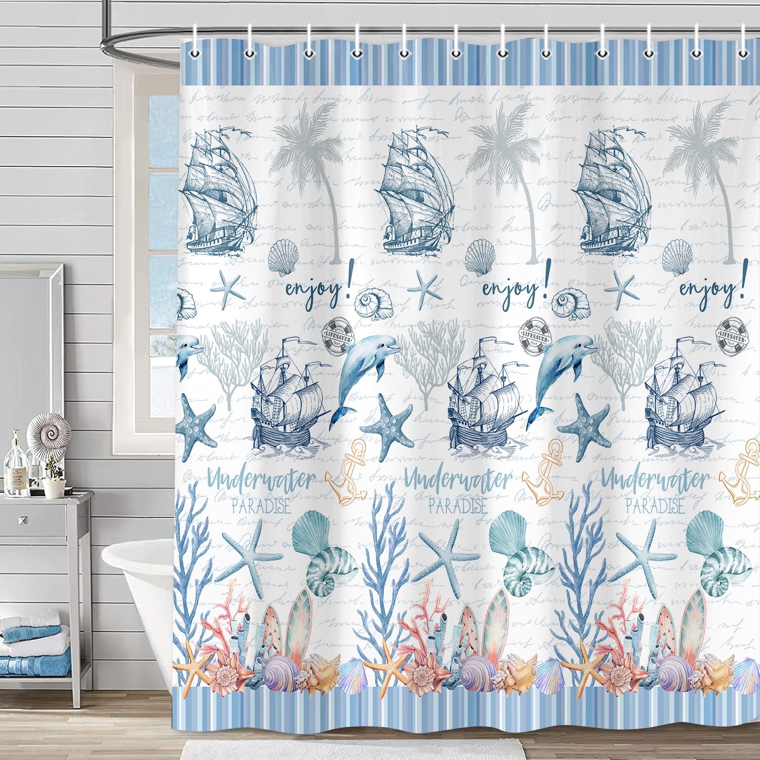 Nautical Shower Curtain,Ocean Shower Curtains for Bathroom,Seashell ...