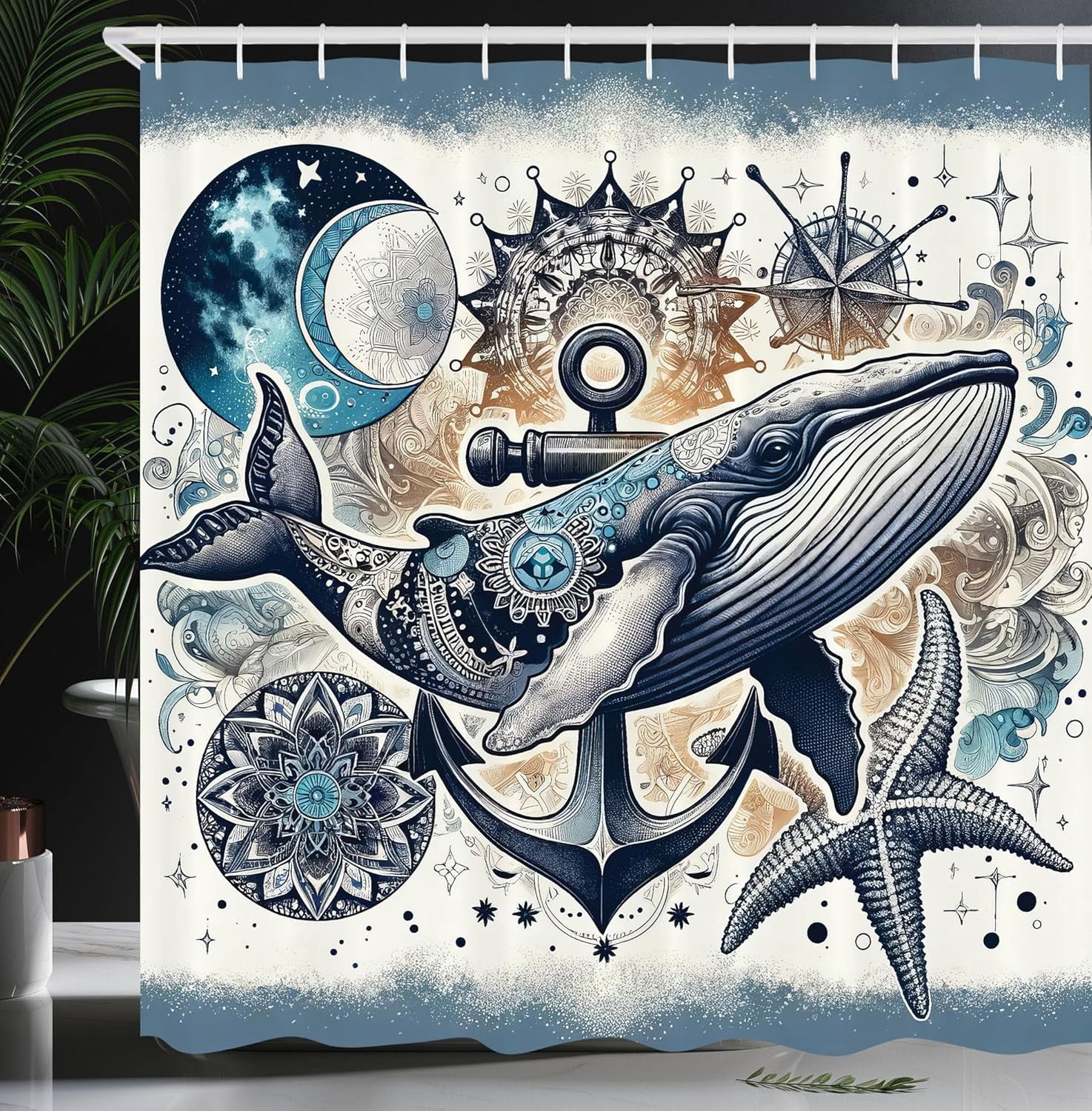 Nautical Shower Curtain Set With Hooks Cloth Fabric Features Whale ...