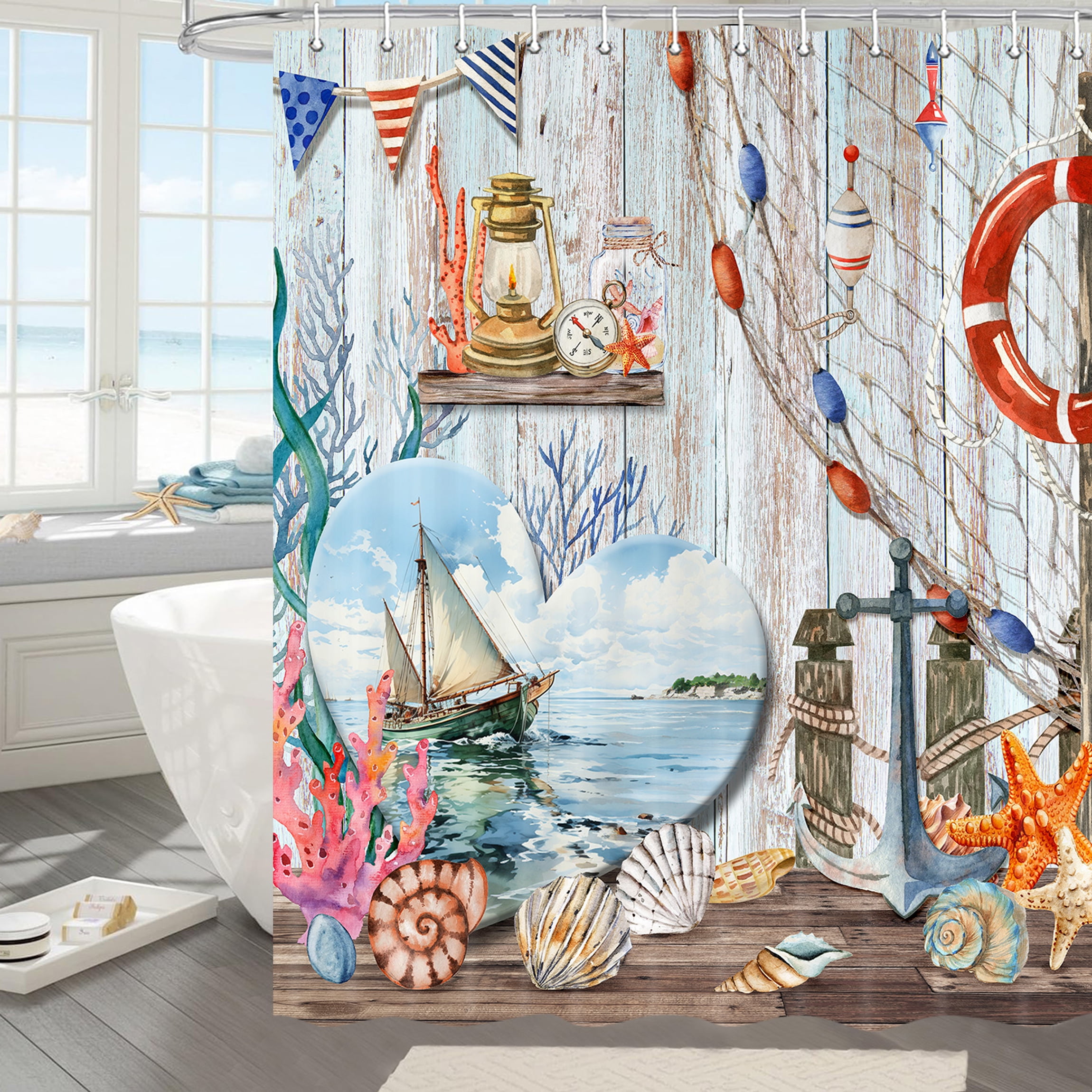 Nautical Shower Curtain, Summer Beach Sea Shower Curtain Set for ...