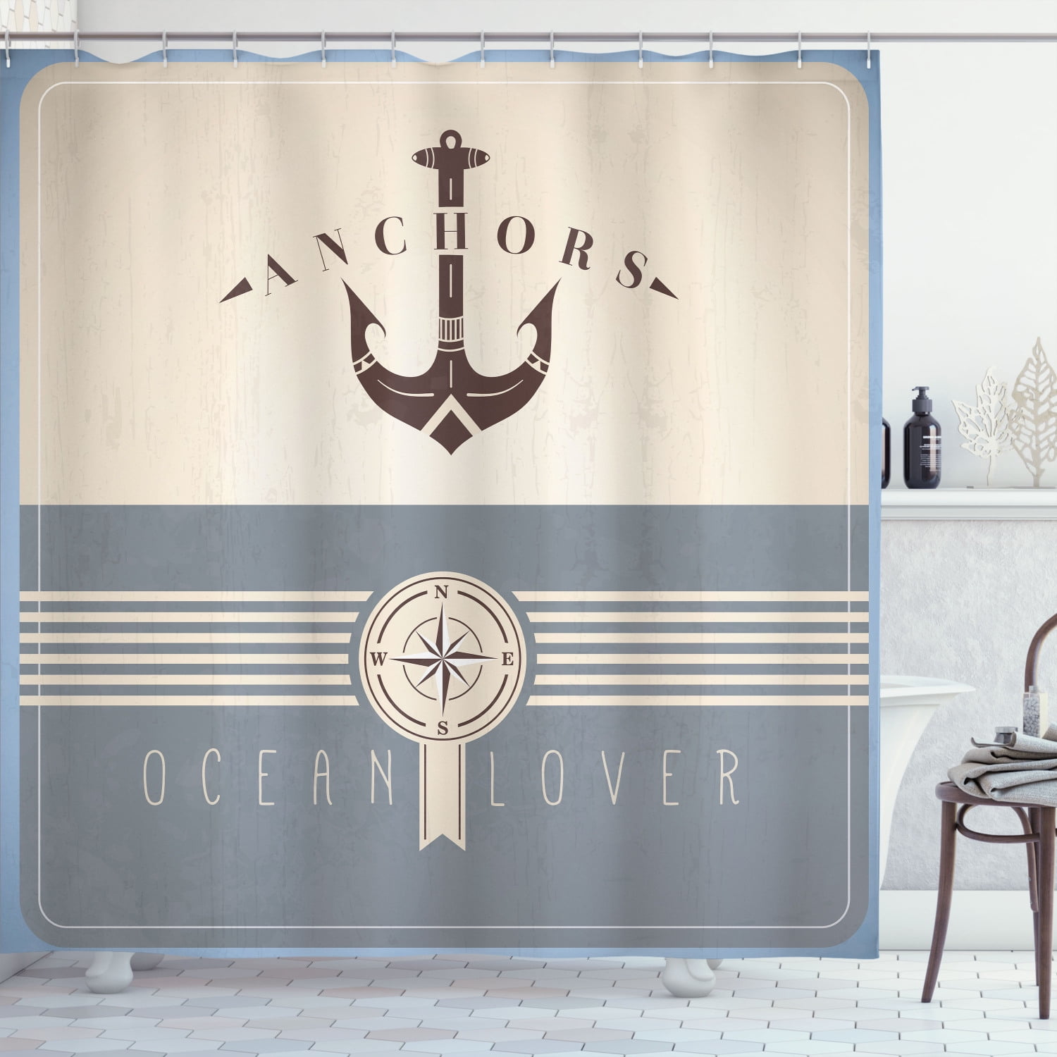 Ambesonne Nautical Shower Curtain, Vintage Marine Ocean Print, 69"Wx70 ...