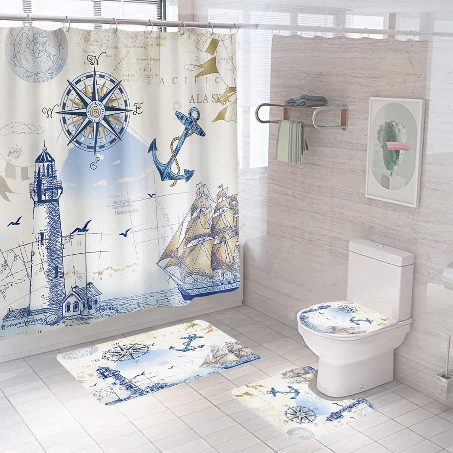 Nautical Shower Curtain and Bath Rug Set 4 Pcs Fabric Lighthouse ...