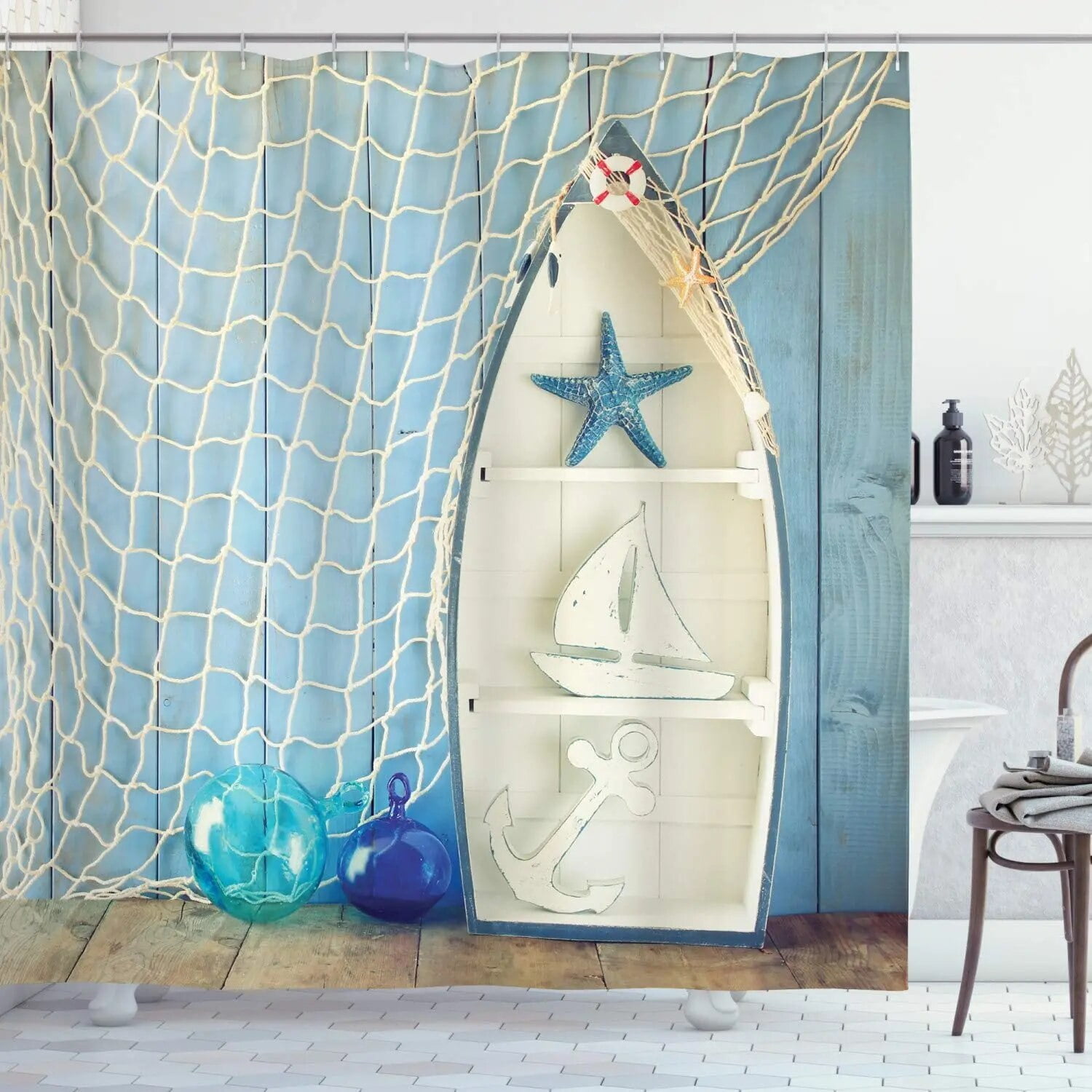 Nautical Shower Curtains Sea Objects on Wooden Backdrop with Vintage ...