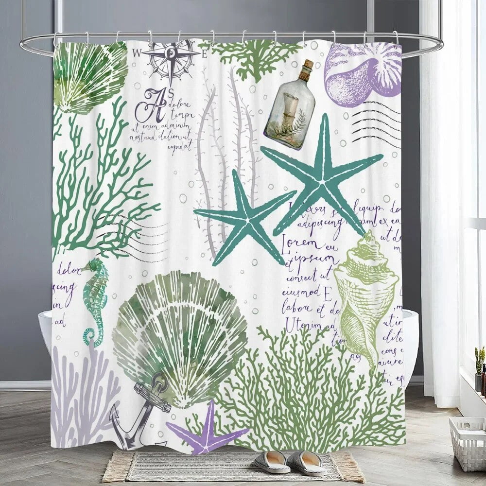 Nautical StarSeashell Coral Shower Curtain Ocean Themed Shower Curtains ...