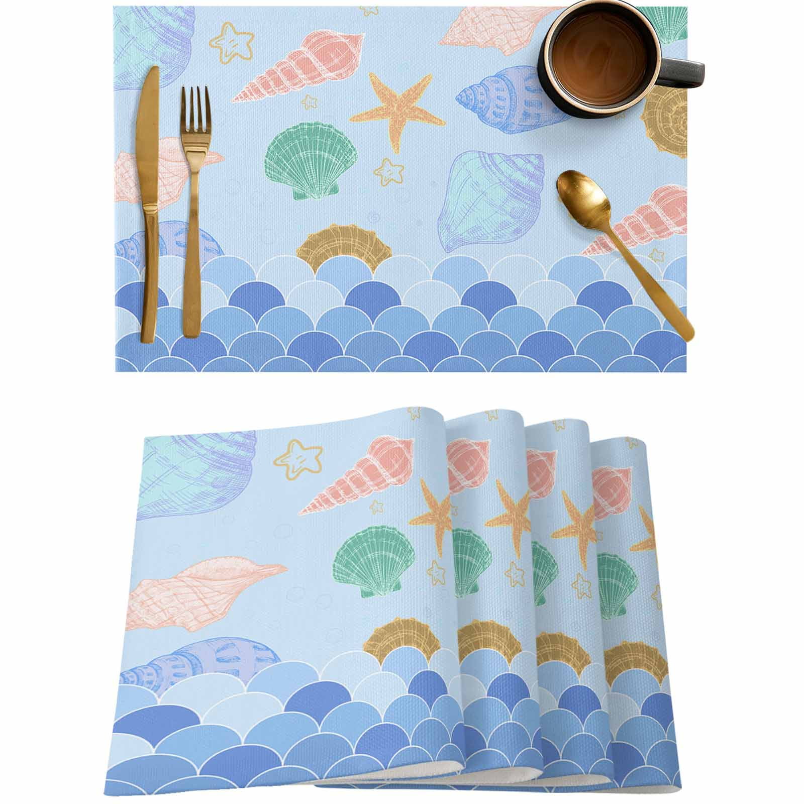 Nautical Starfish Conch Blue Watercolor Mermaid Scales Placemats Set of ...