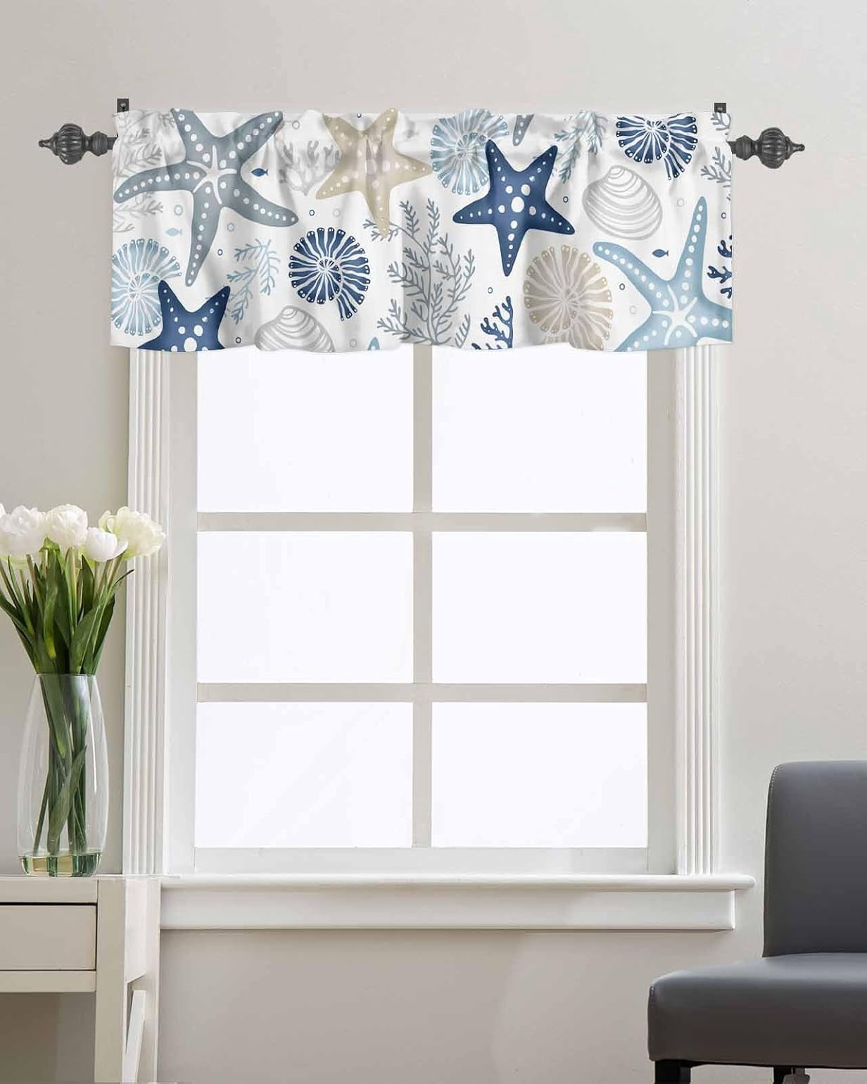 Nautical Starfish Kitchen Valance,Beach Coastal Window Valances Curtain ...