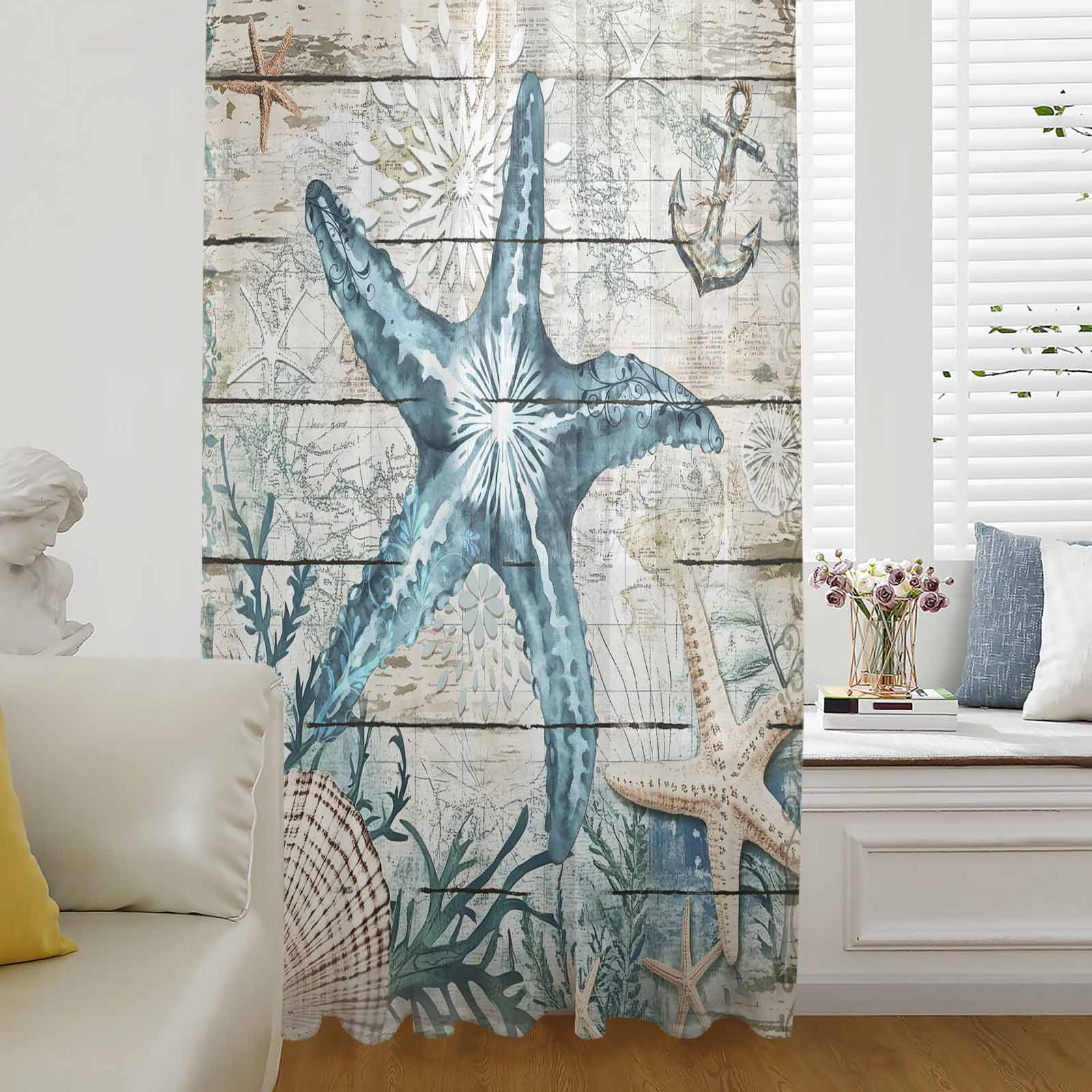 Nautical Starfish Window Curtain 72 Inches Long,Ocean Coral Retro ...