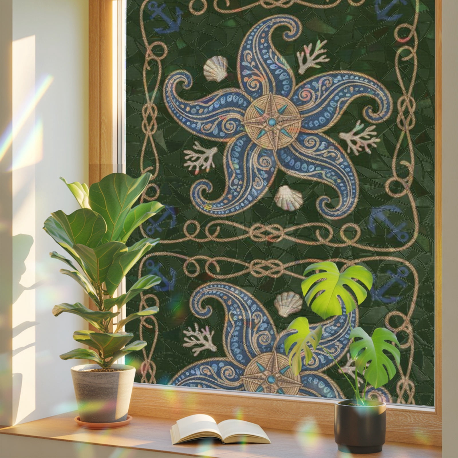 Nautical Starfish Window Privacy Film Rainbow Static Cling Stain Glass ...