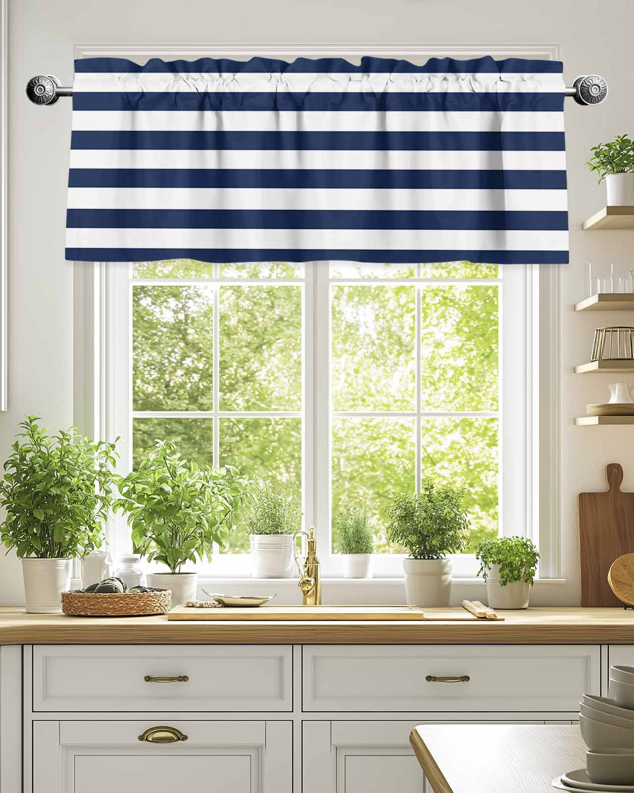 Nautical Striped Navy Blue and White Valances for Windows,Kitchen ...