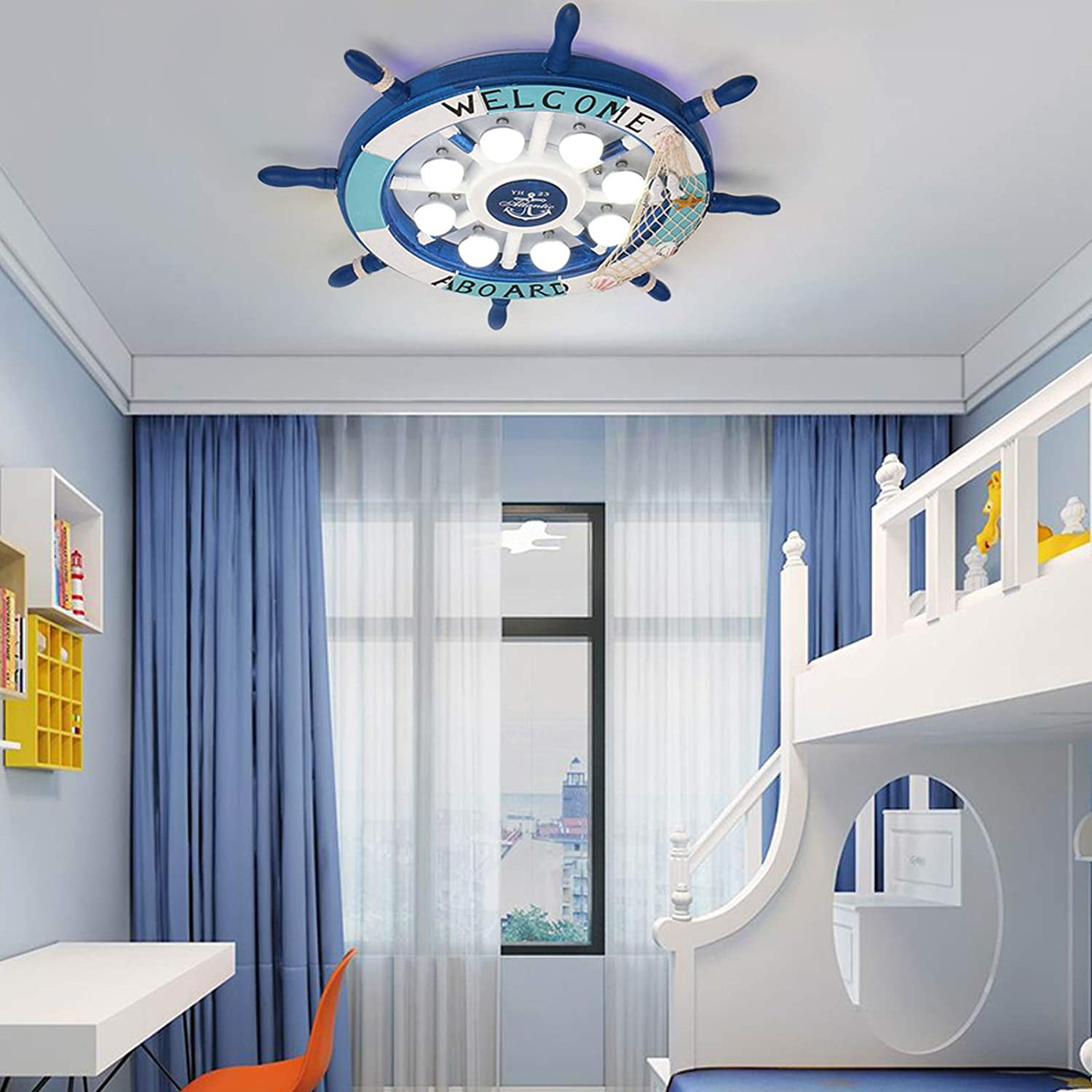 Nautical Style Ceiling Flush Light with Rudder Wood Shade, Upthehill 8 ...