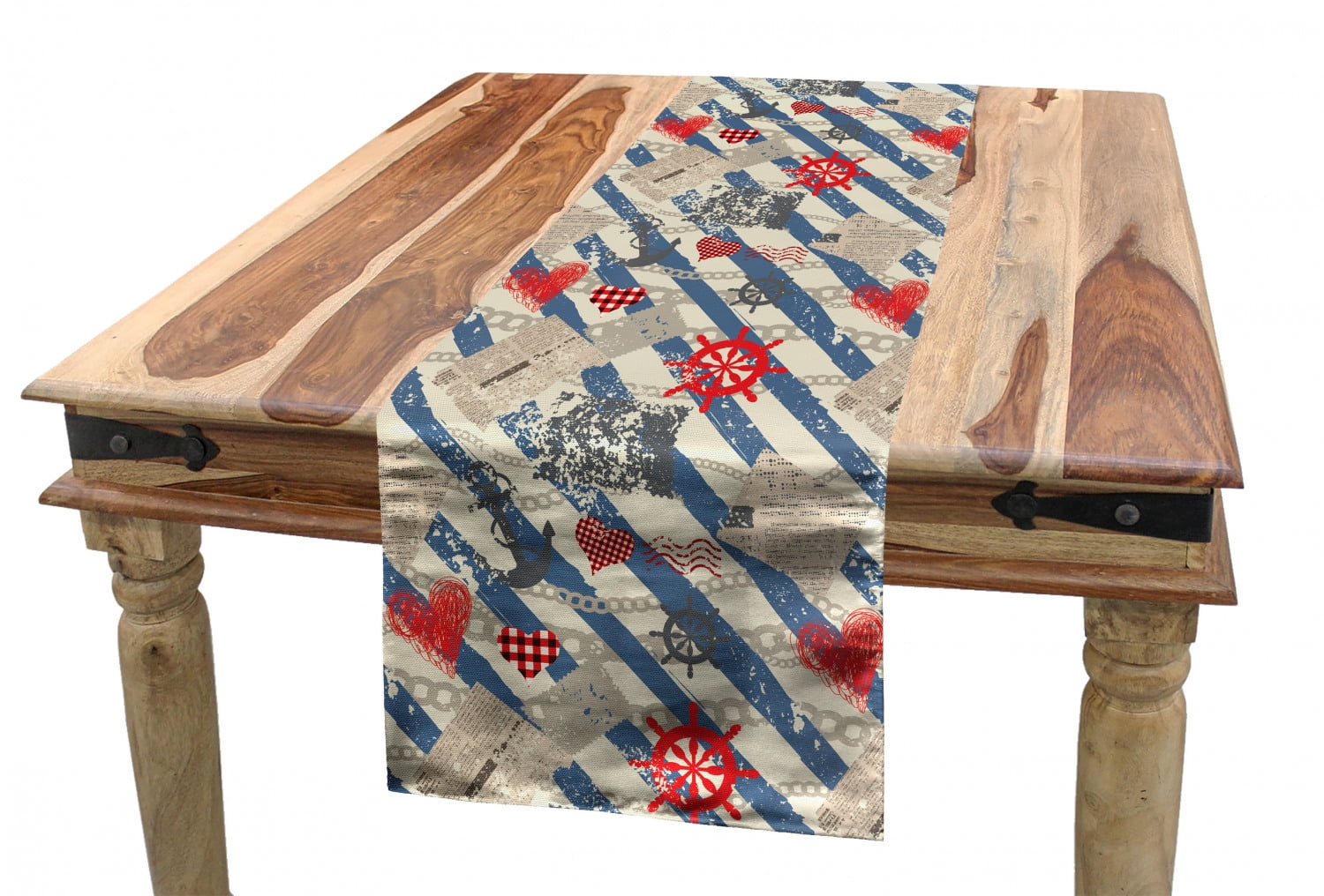 Nautical Table Runner, Sea Graphic with Grunge Distressed Diagonal ...