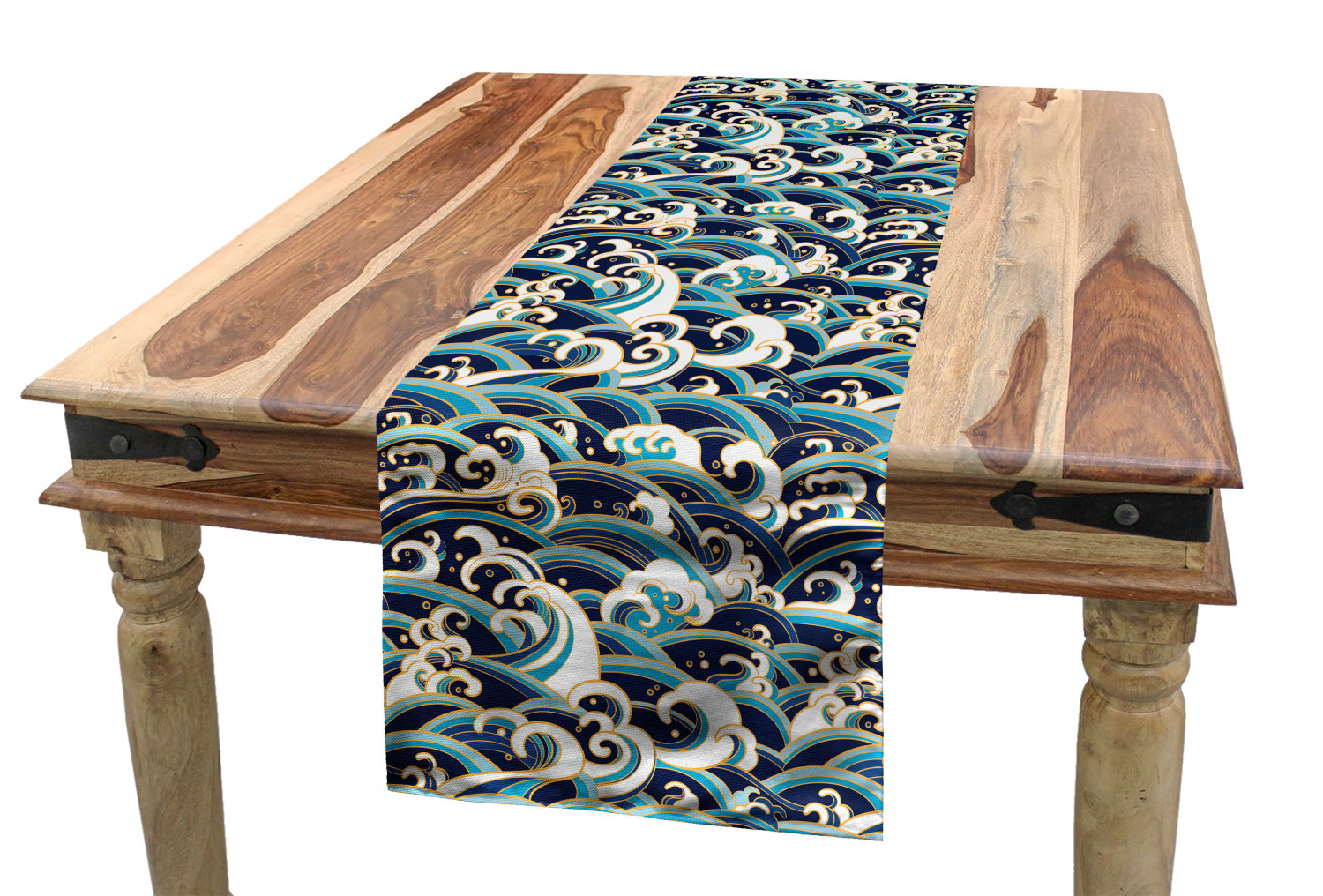 Nautical Table Runner, Traditional Oriental Style Ocean Waves Pattern ...