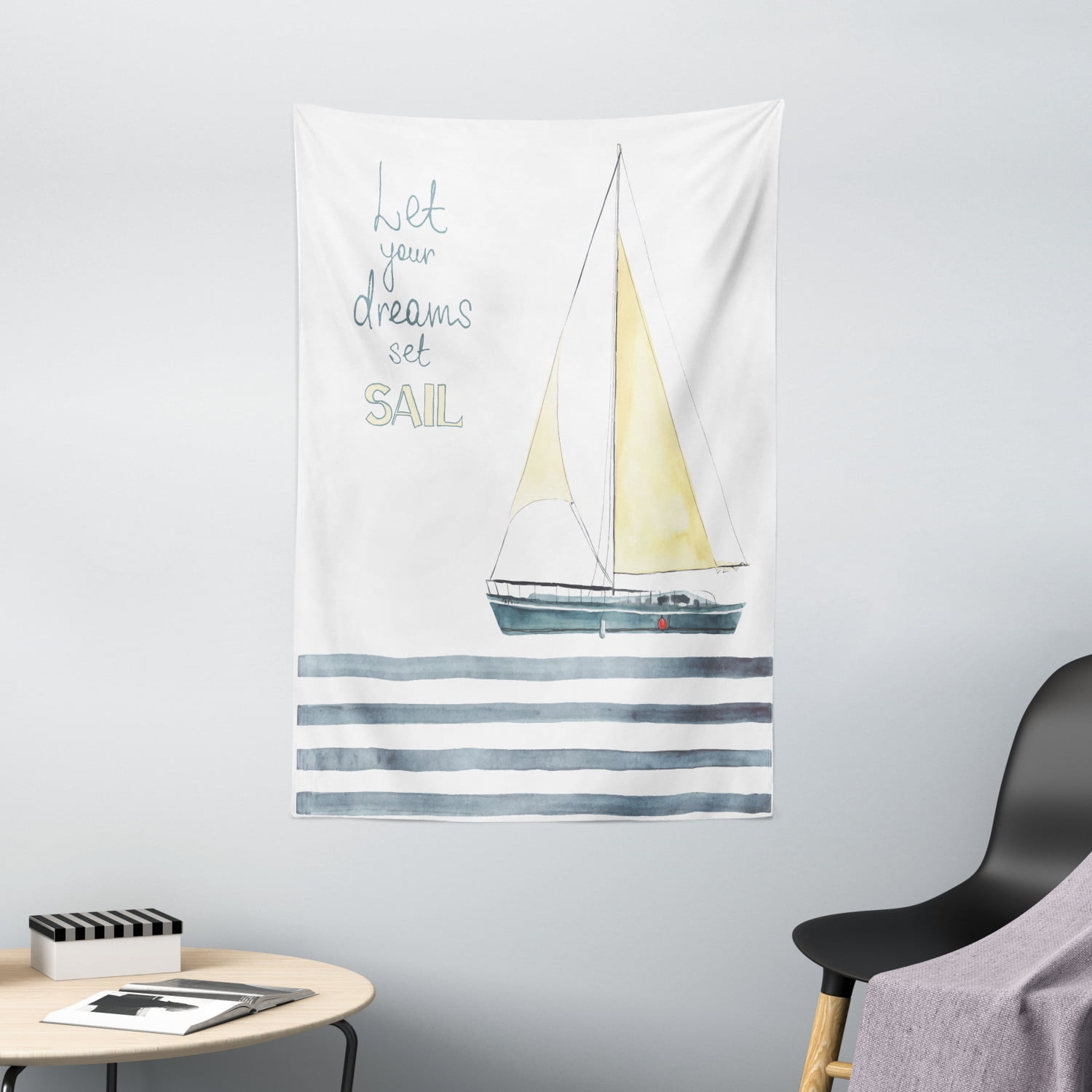 Nautical Tapestry, "Let Your Dreams Set Sail" Quote Stripes Yacht ...