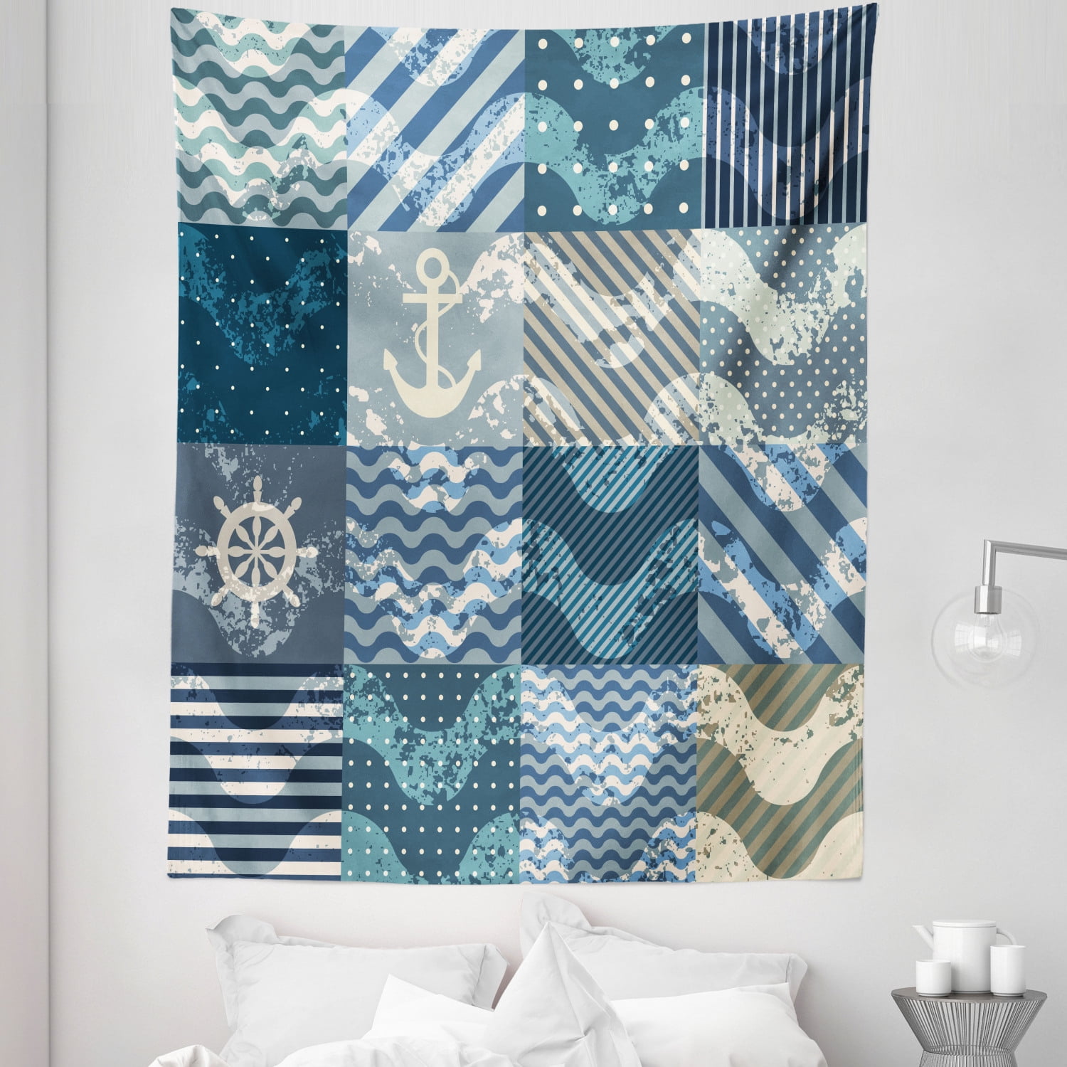 Nautical Tapestry, Marine Theme Wave Patterns in Patchwork Style Boxes ...
