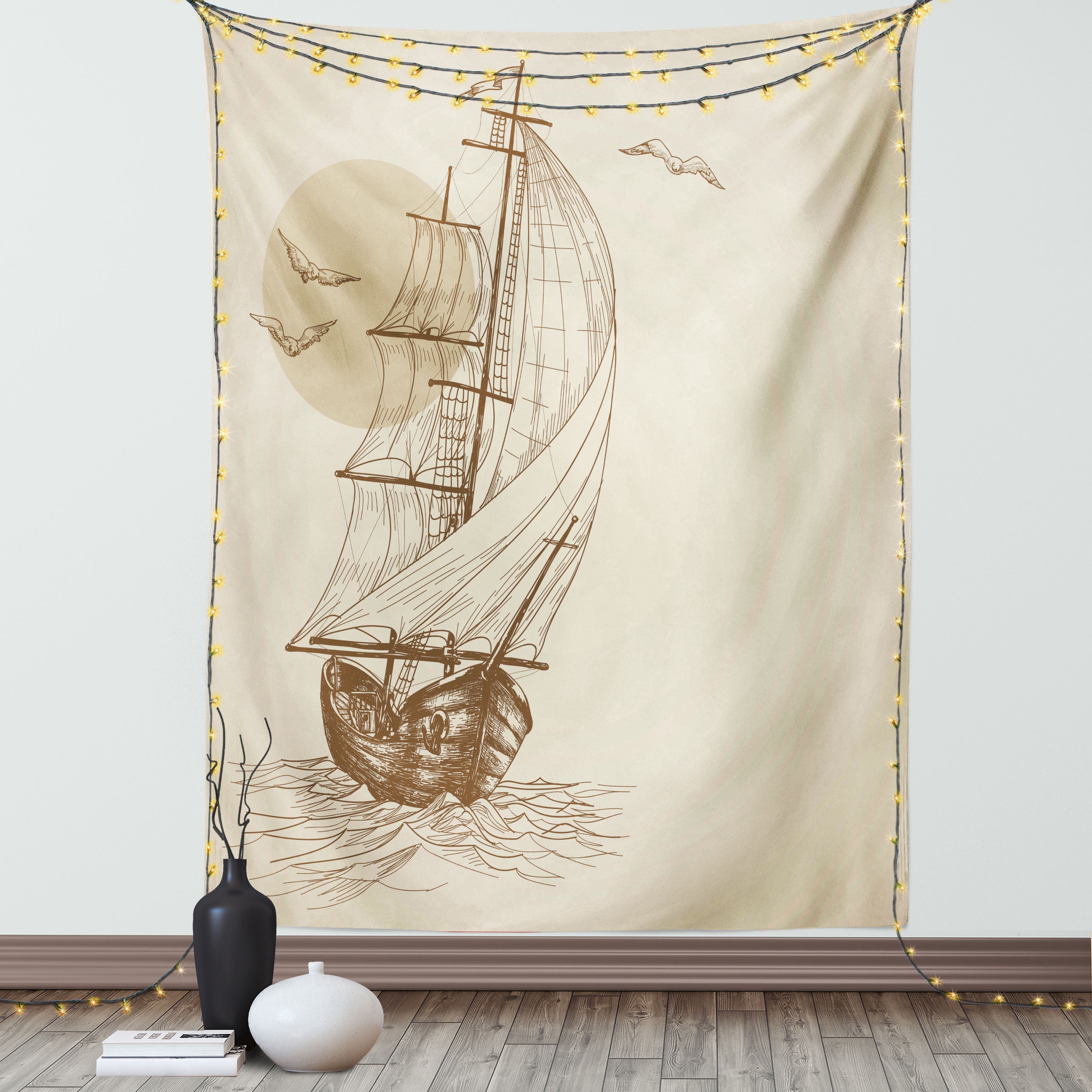 Nautical Tapestry, Sailing Ship Floating on Wavy Ocean Sketch Artwork ...
