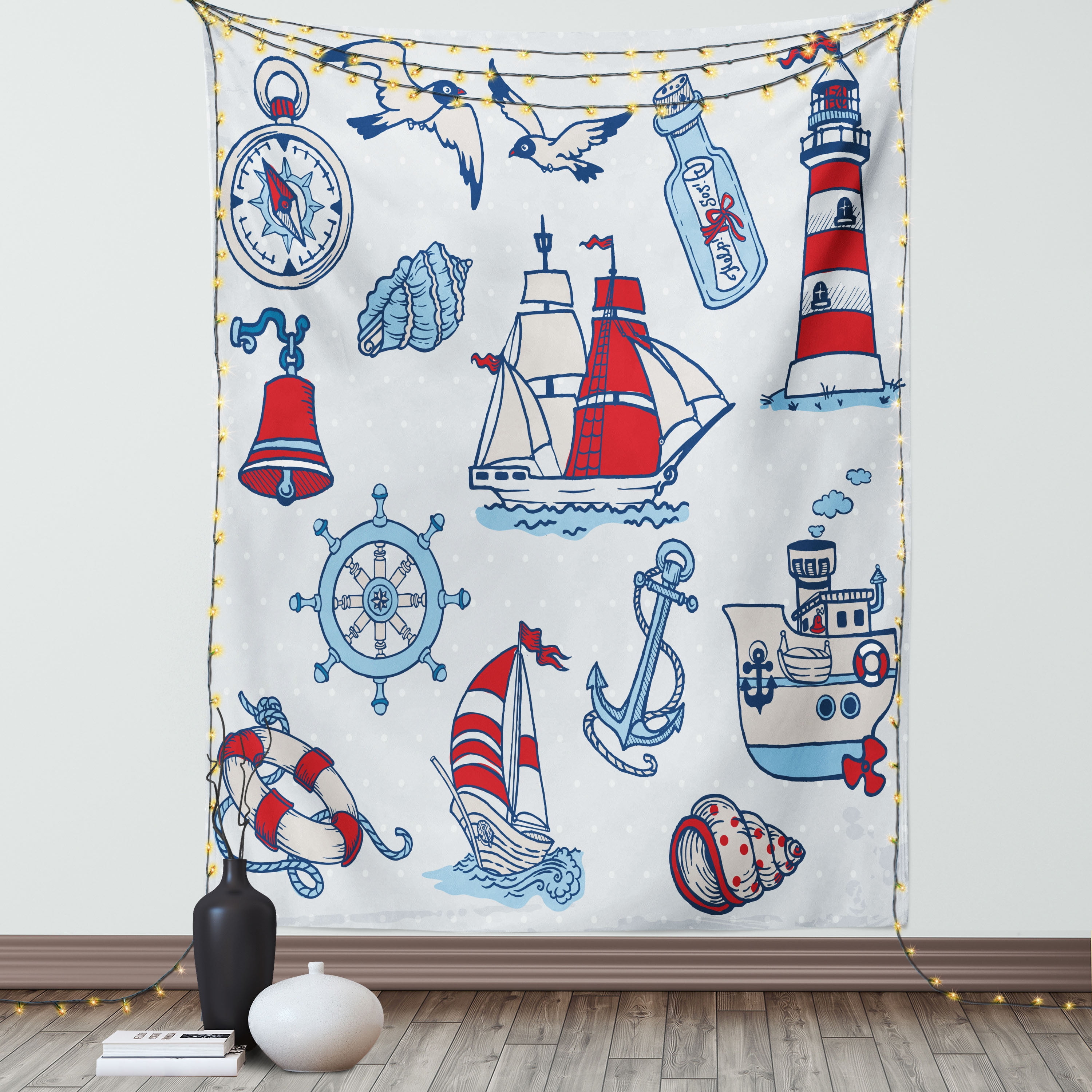 Nautical Tapestry, Symbolic Sea Creatures Navigation Gulls Compass Kids ...
